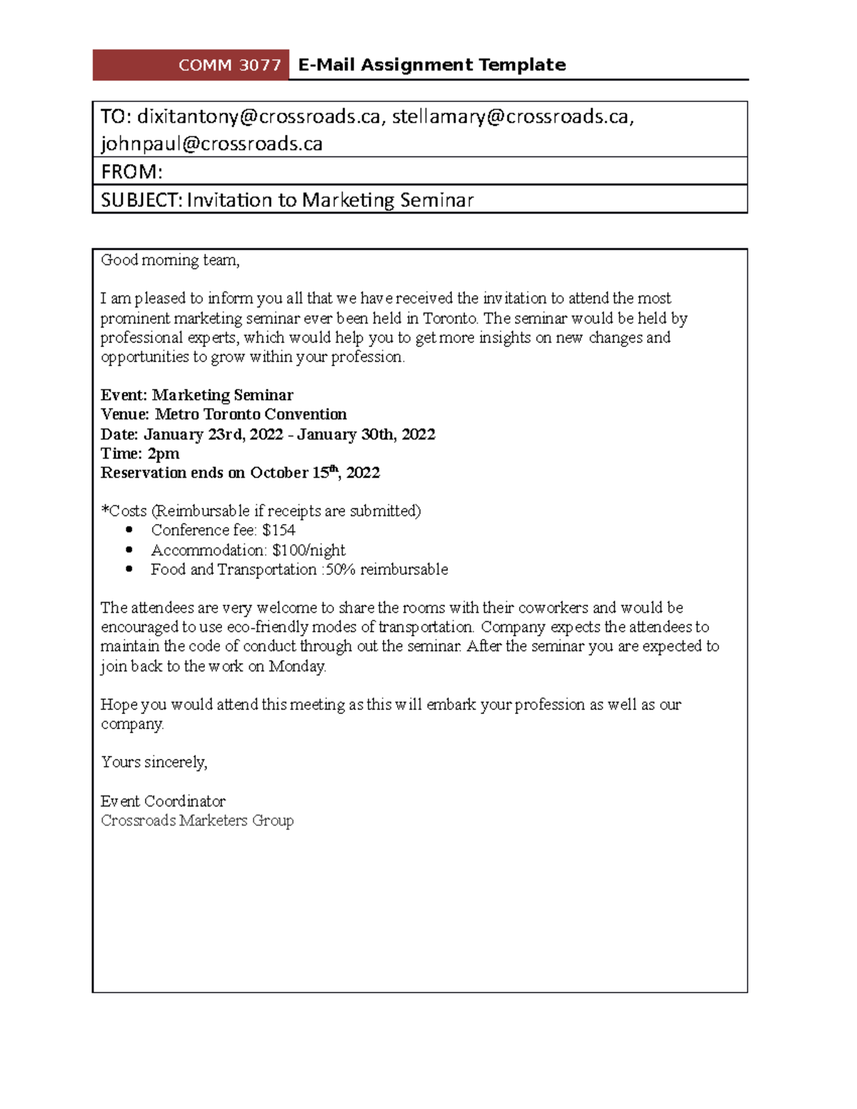 E-Mail Assignment Template - The seminar would be held by professional ...