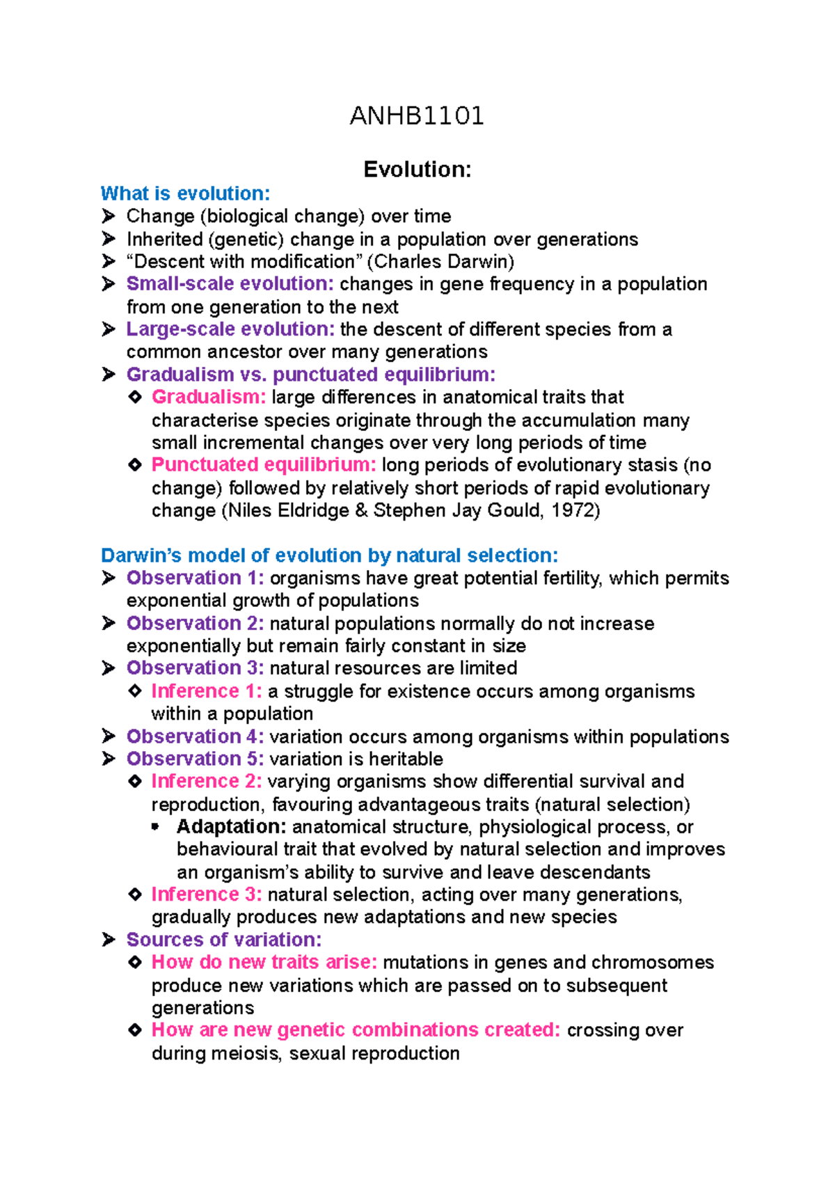 ANHB1101 notes - ANHB Evolution: What is evolution: Change (biological ...