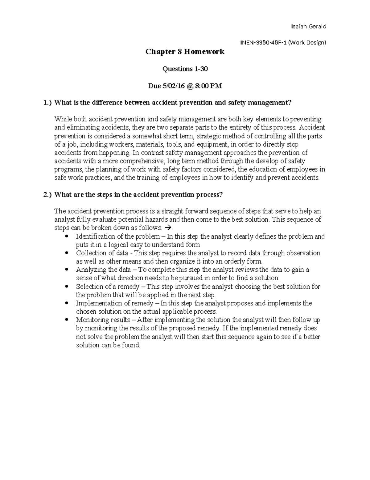 Chapter 8 Homework - INEN-3380-48F-1 (Work Design) Chapter 8 Homework Questions 1- Due 5/02/16 ...