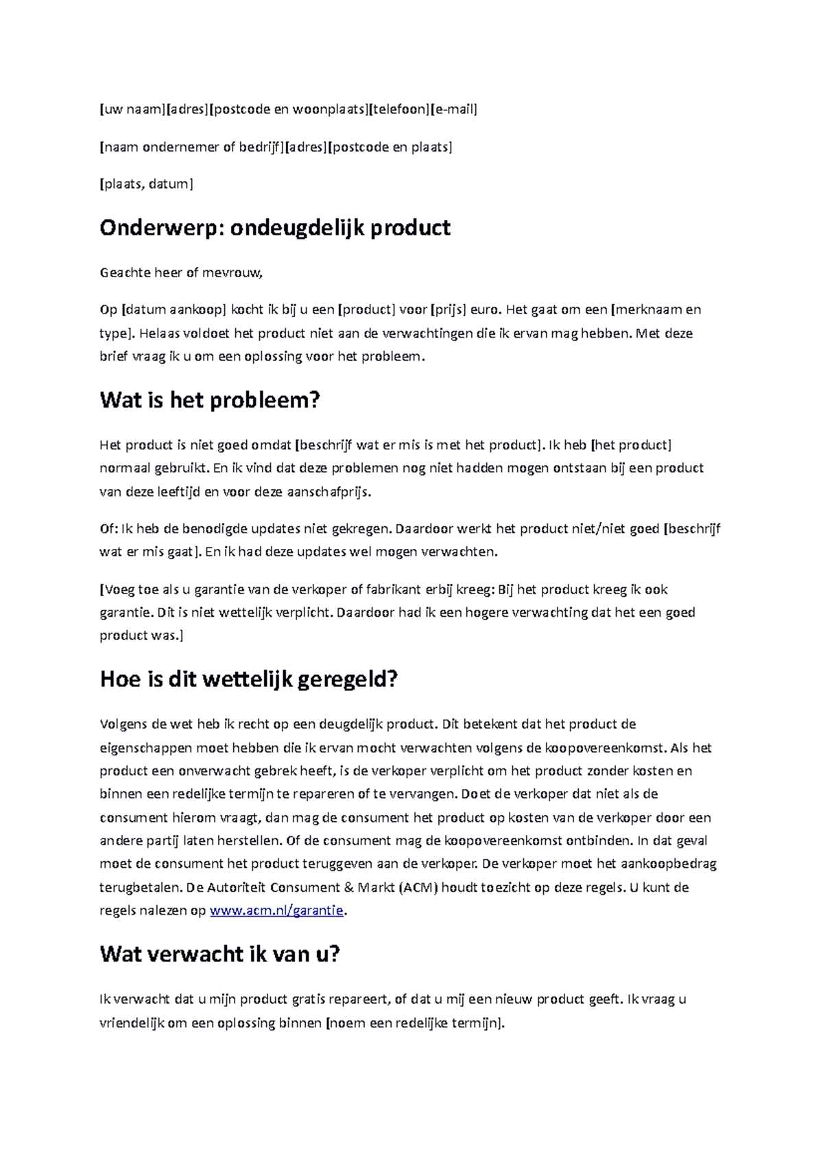 Voorbeeldbrief verzoek tot repareren of vervangen van kapot product ...