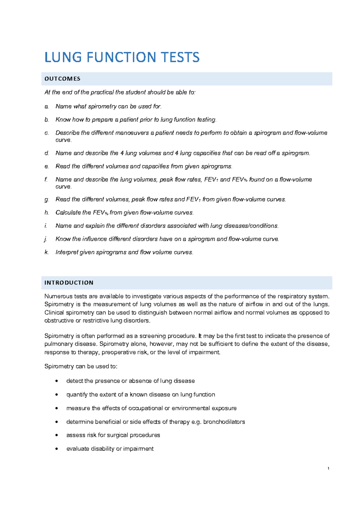 FLG221 Study material lung function prac - LUNG FUNCTION TESTS OUTCOMES ...