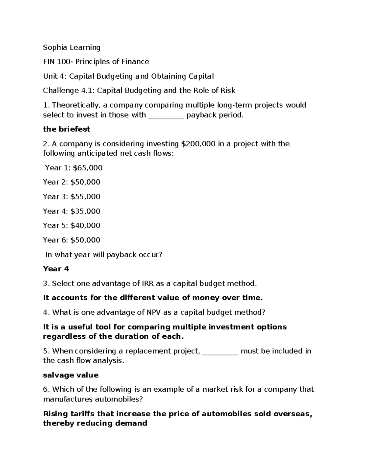 Principles of Finance Unit 4 - the briefest A company is considering ...