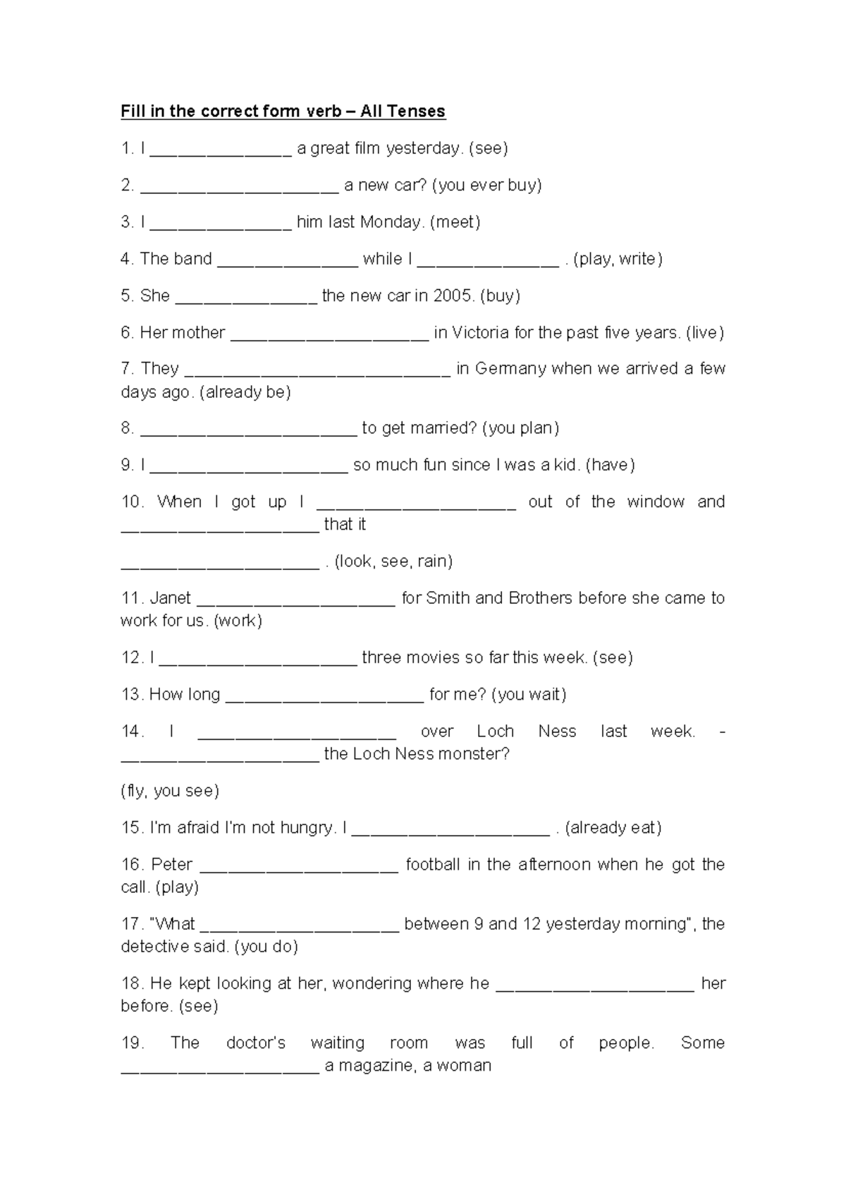 Documento PDF Hola Fill In The Correct Form Verb All Tenses I