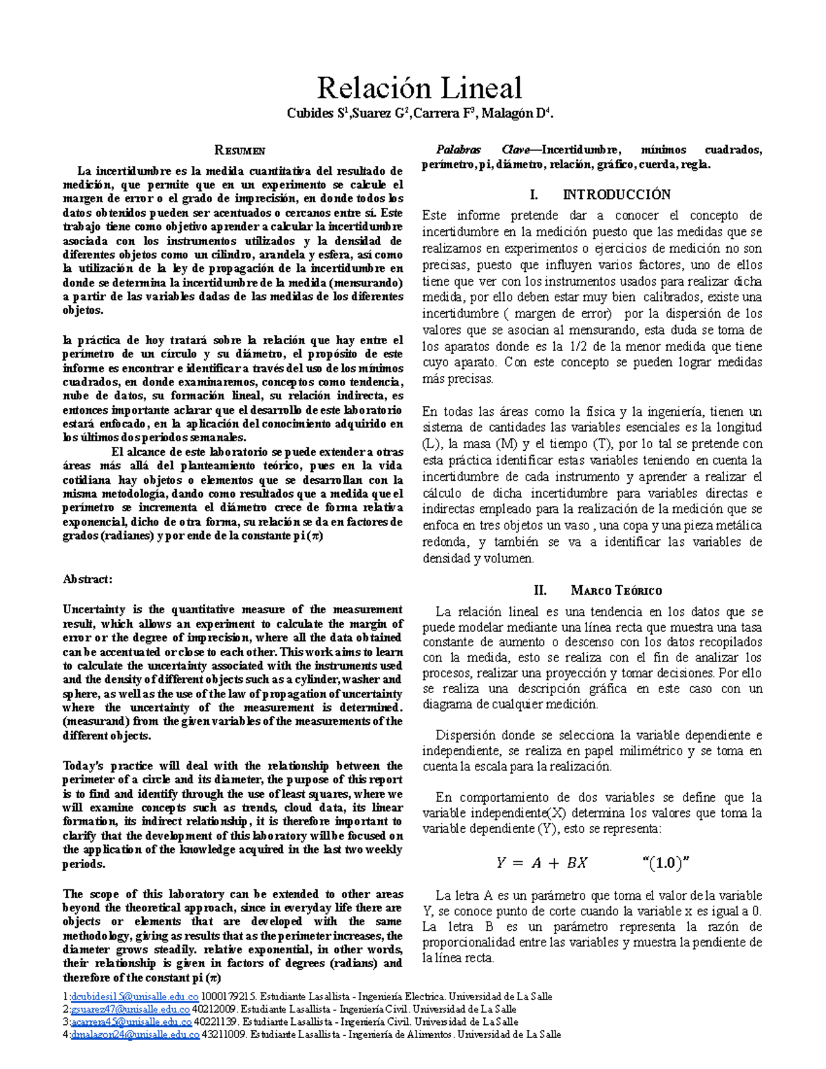 Informe de Relación Lineal - Relación Lineal Cubides S 1 ,Suarez G 2 ...