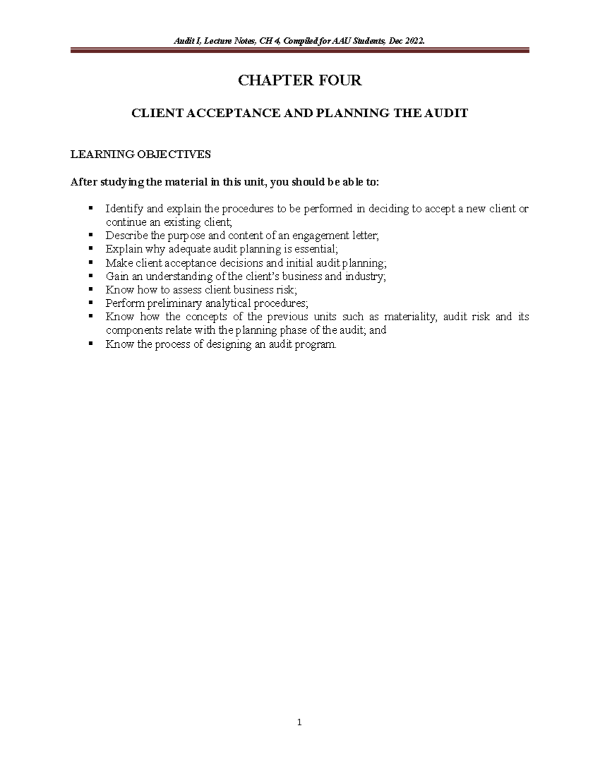 Audit ONE, CH 4- 2022 Version- Student Version - CHAPTER FOUR CLIENT ...