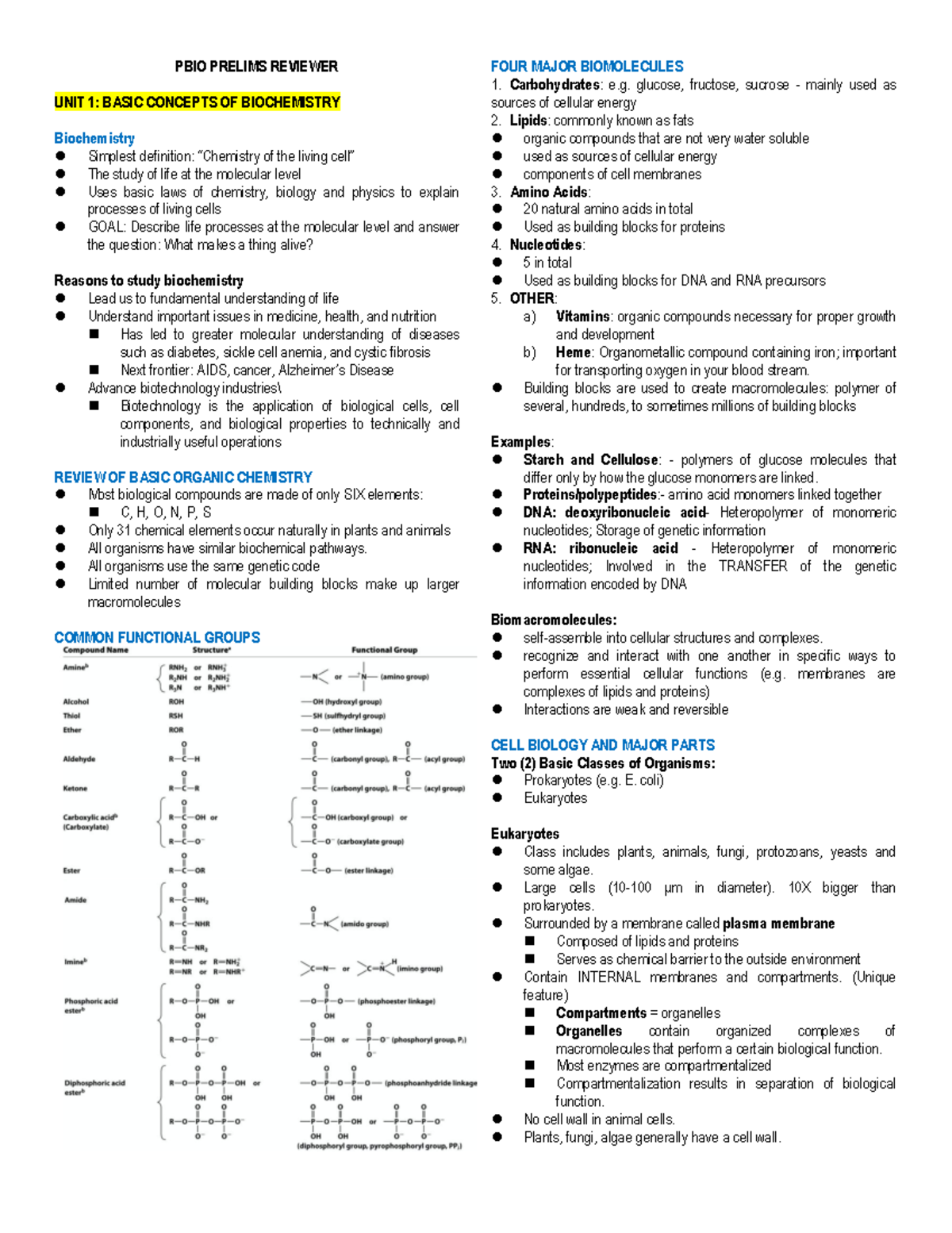 PBIO Prelims Reviewer - pbio lec - PBIO PRELIMS REVIEWER UNIT 1: BASIC ...
