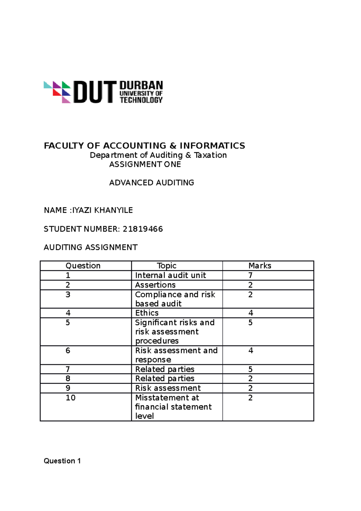 Auditing Assignment - FACULTY OF ACCOUNTING & INFORMATICS Department of Auditing & Taxation ...