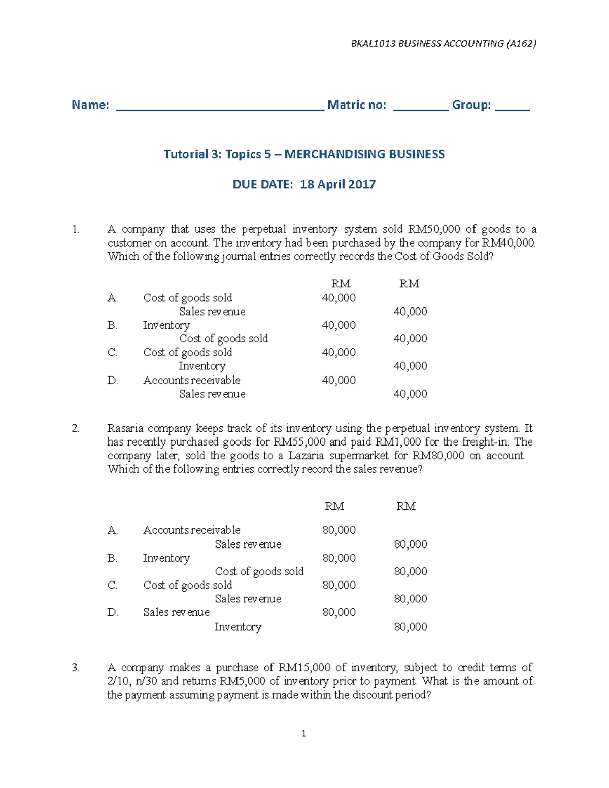 A162 Tutorial 3 - CHAPTER 5( MERCHANDISE BUSINESS) - Name