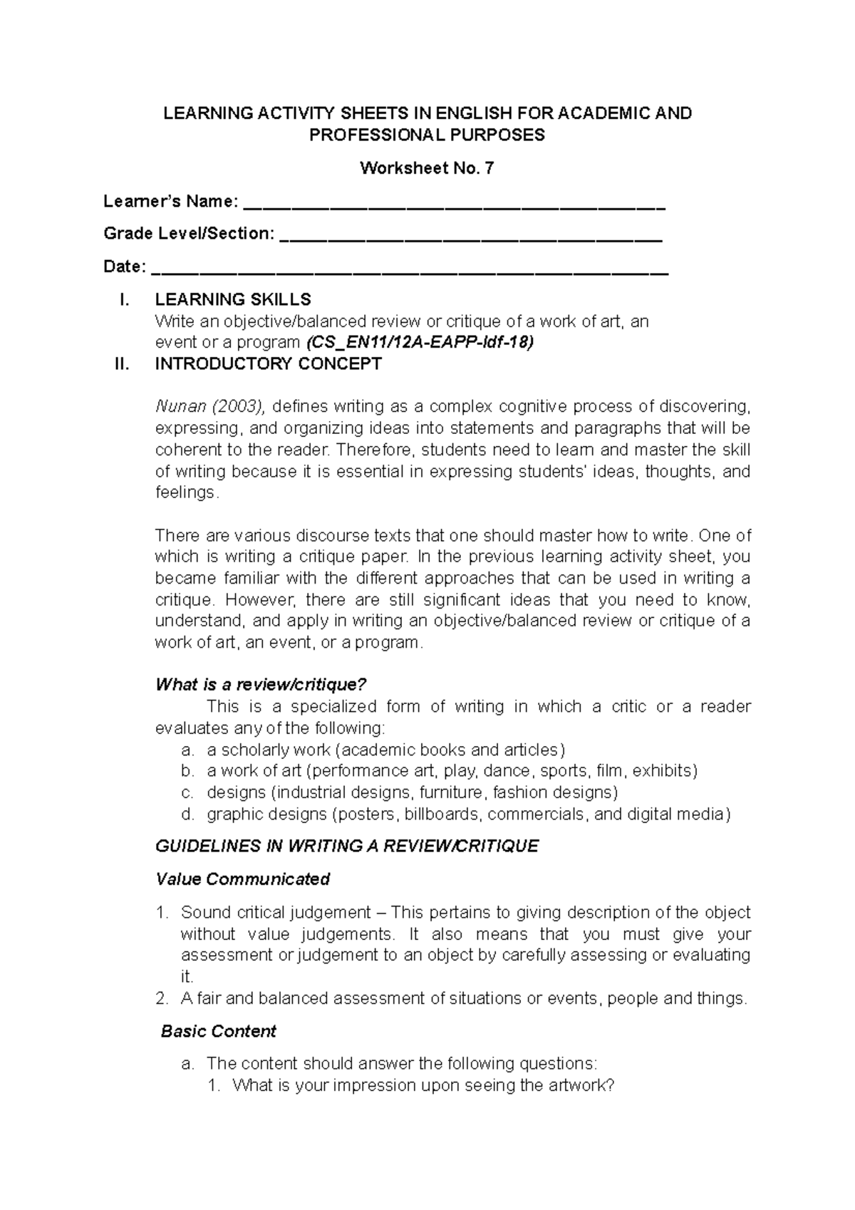 Worksheet 7 W4unw46bq LEARNING ACTIVITY SHEETS IN ENGLISH FOR