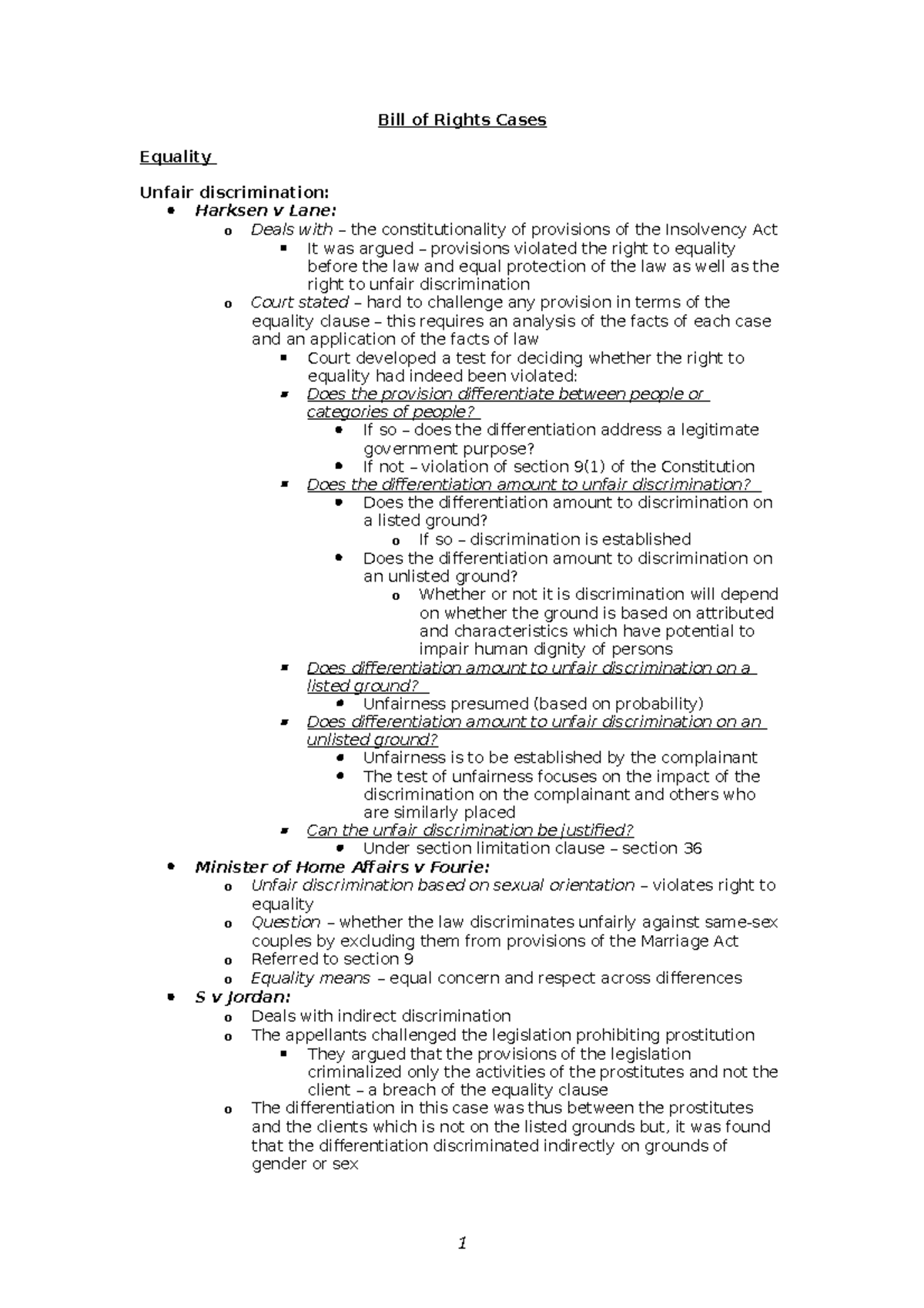 Bill of Rights Cases - week 6 onwards - Bill of Rights Cases Equality ...