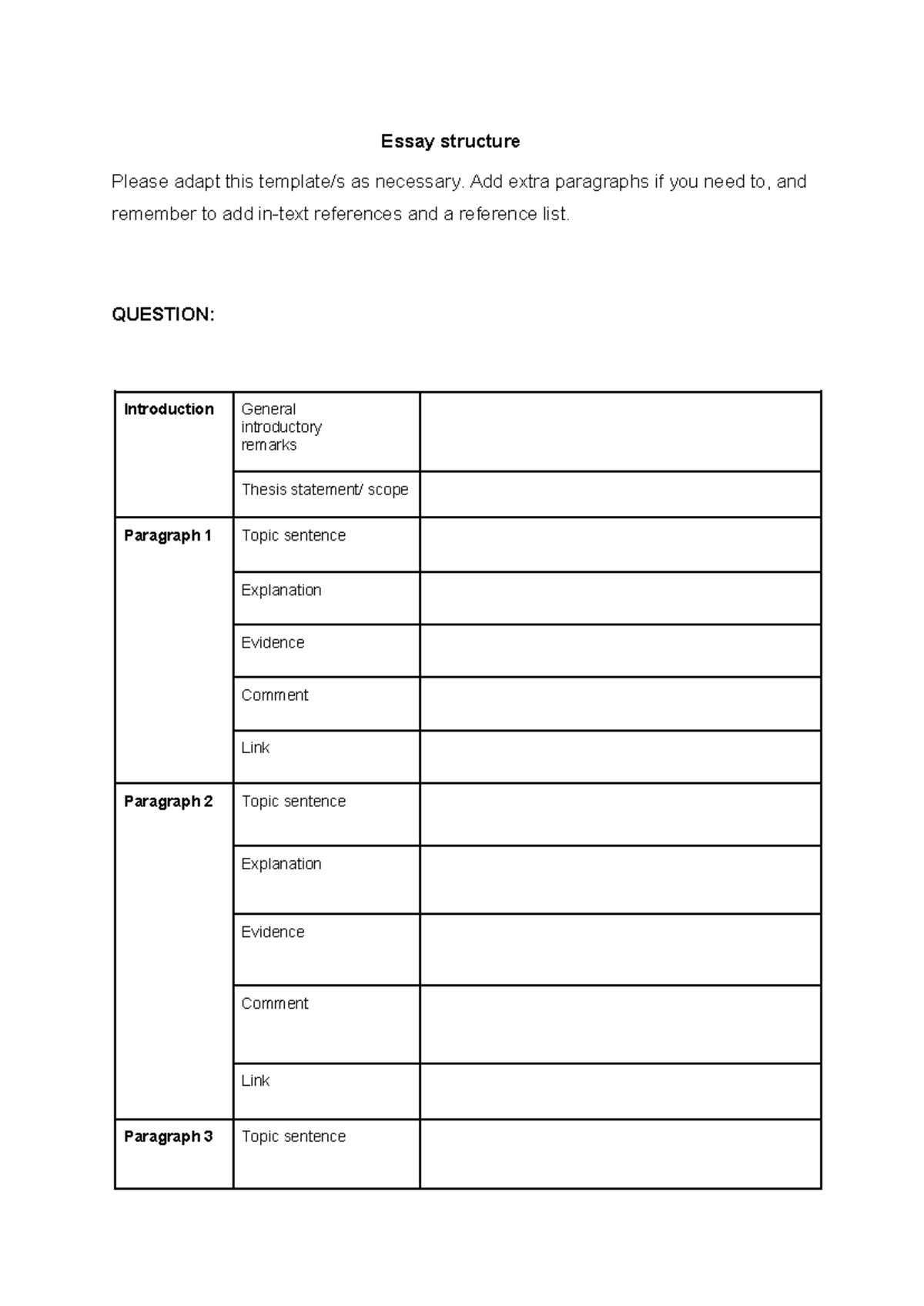 Answer an Essay Question Template - ATS1262 - Essay structure Please ...