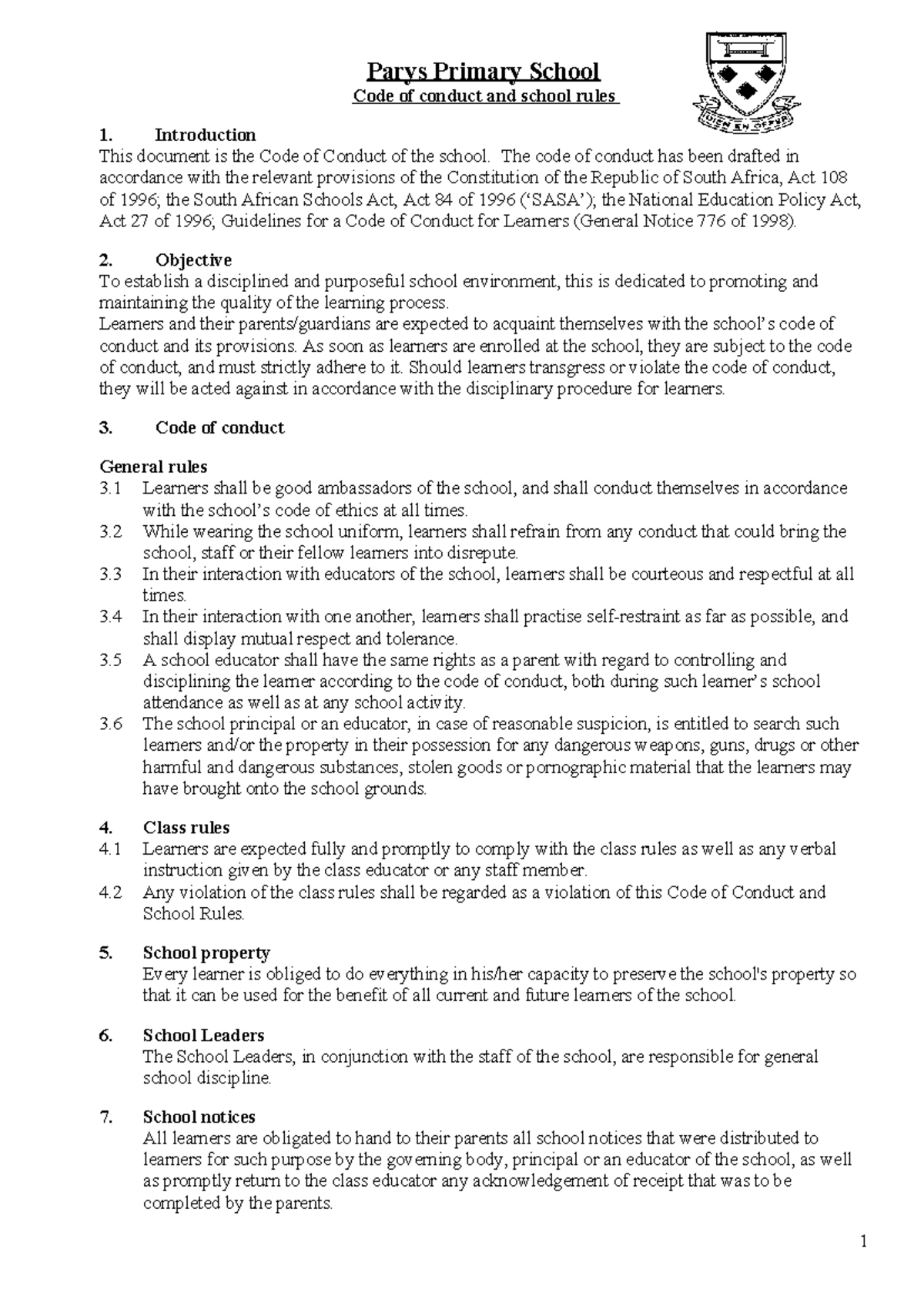 Code of conduct and school rules - Parys Primary School Code of conduct ...