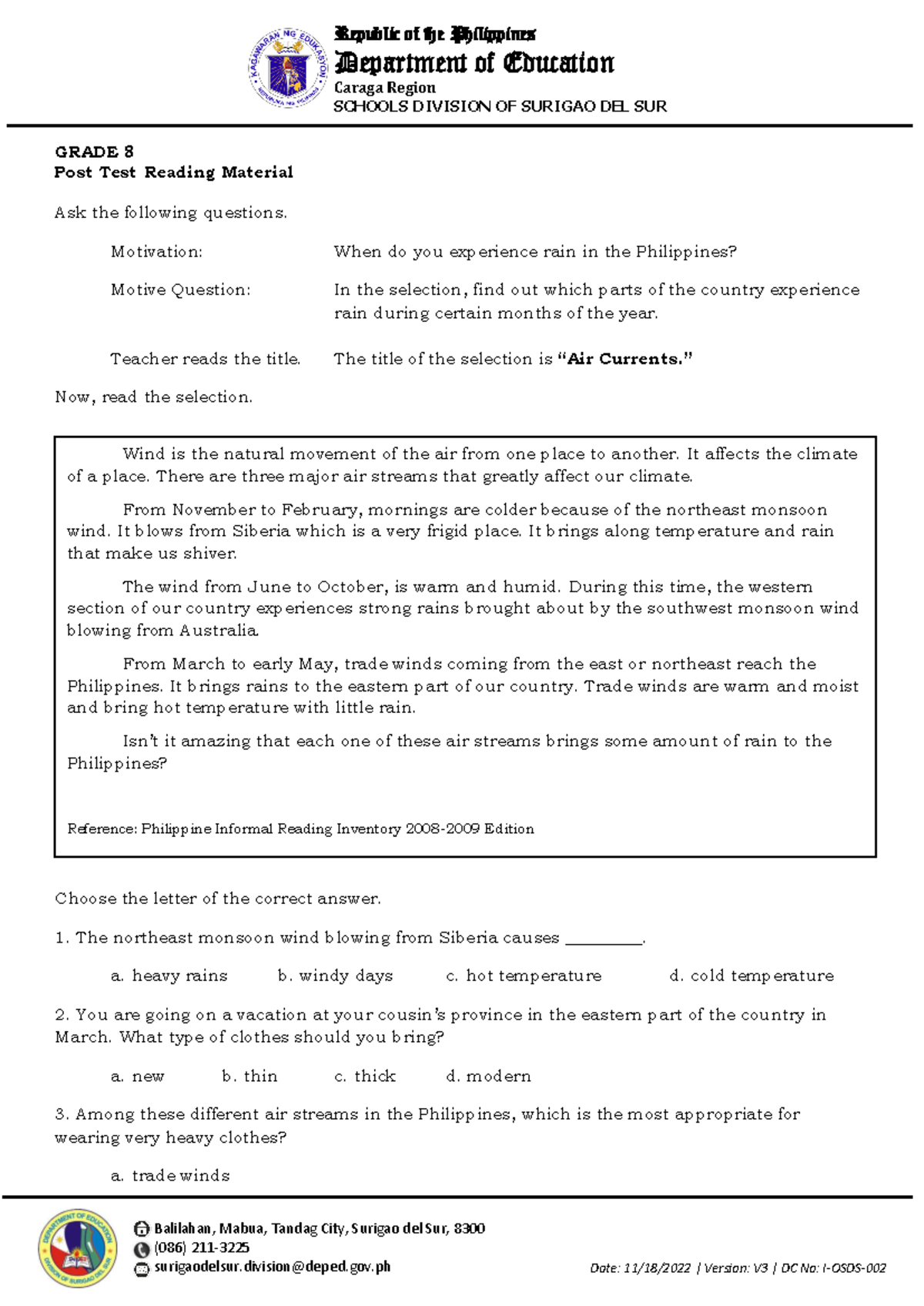 Grade 8 POST TEST Reading Material - Republic of the Philippines ...