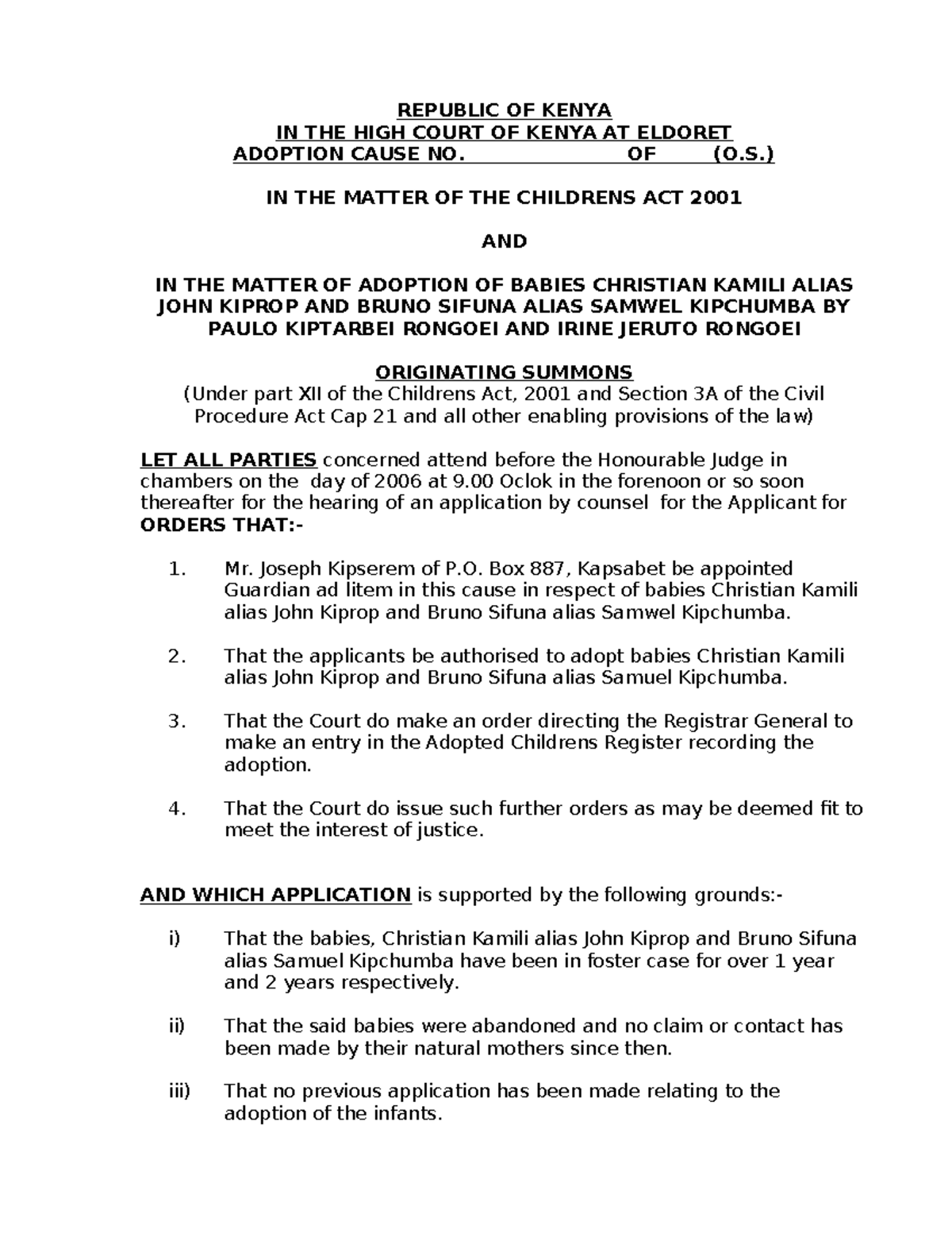 Applications for Adoption - REPUBLIC OF KENYA IN THE HIGH COURT OF ...