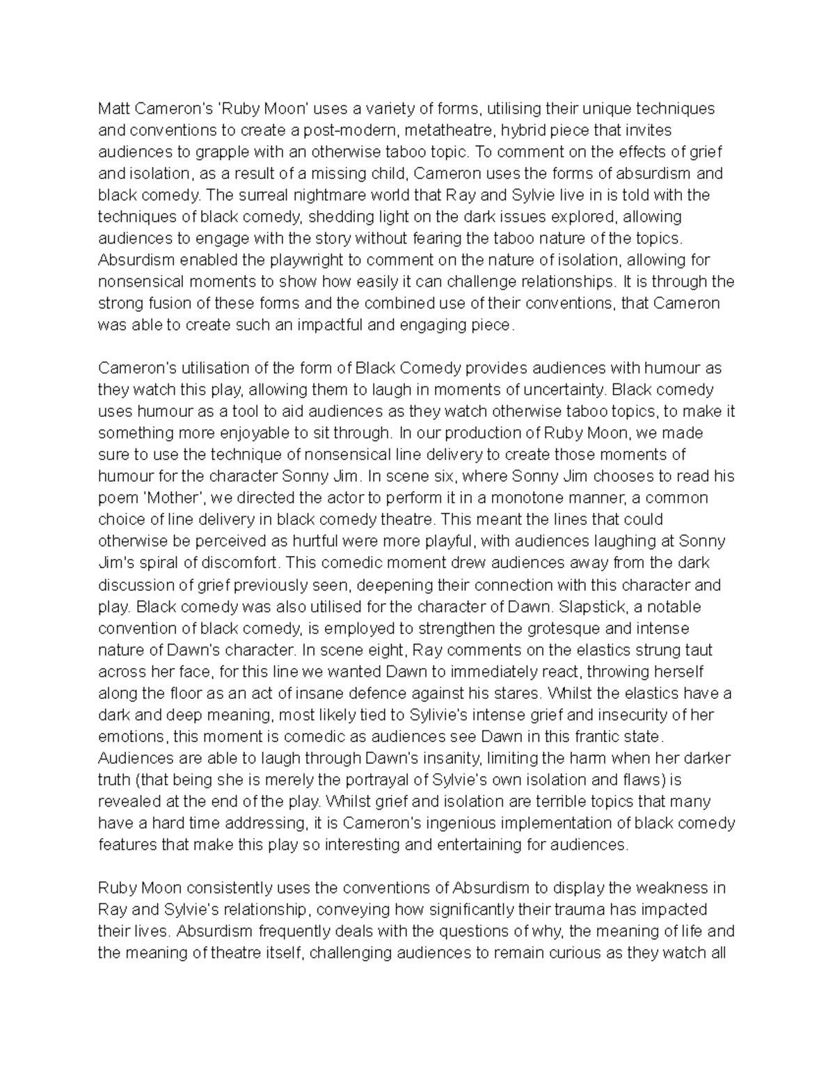 RUBY MOON Draft Essay - Matt Cameron’s ‘Ruby Moon’ uses a variety of forms, utilising their ...