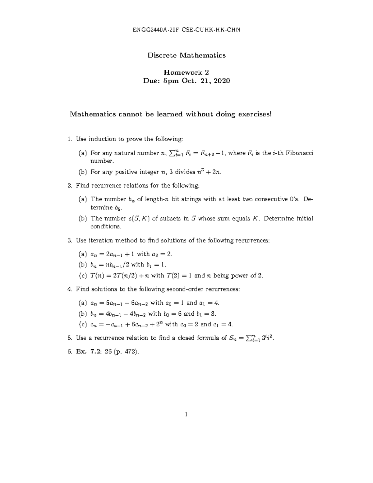 H2 - Actually for ENGG2440 - ENGG2440A-20F CSE-CUHK-HK-CHN Discrete Mathematics Homework 2 Due ...