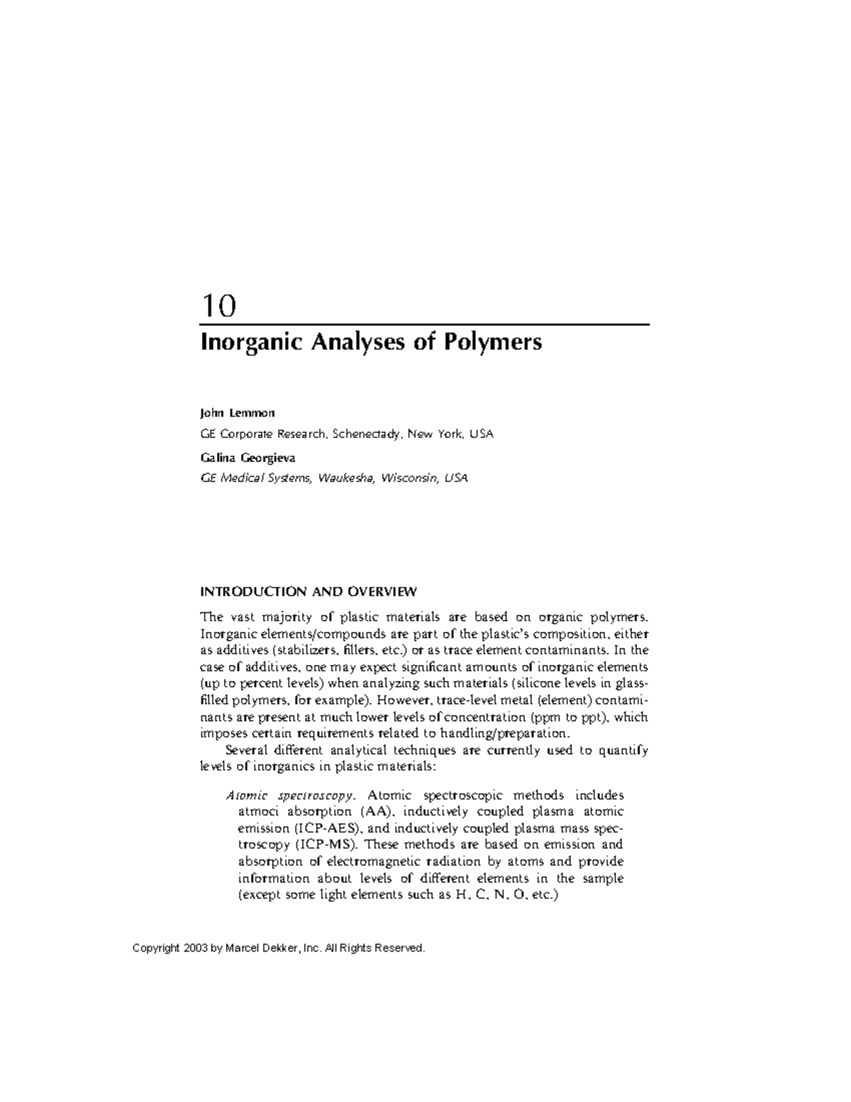 DKE291 Ch10 - Its lecture note. - 10 Inorganic Analyses of Polymers ...