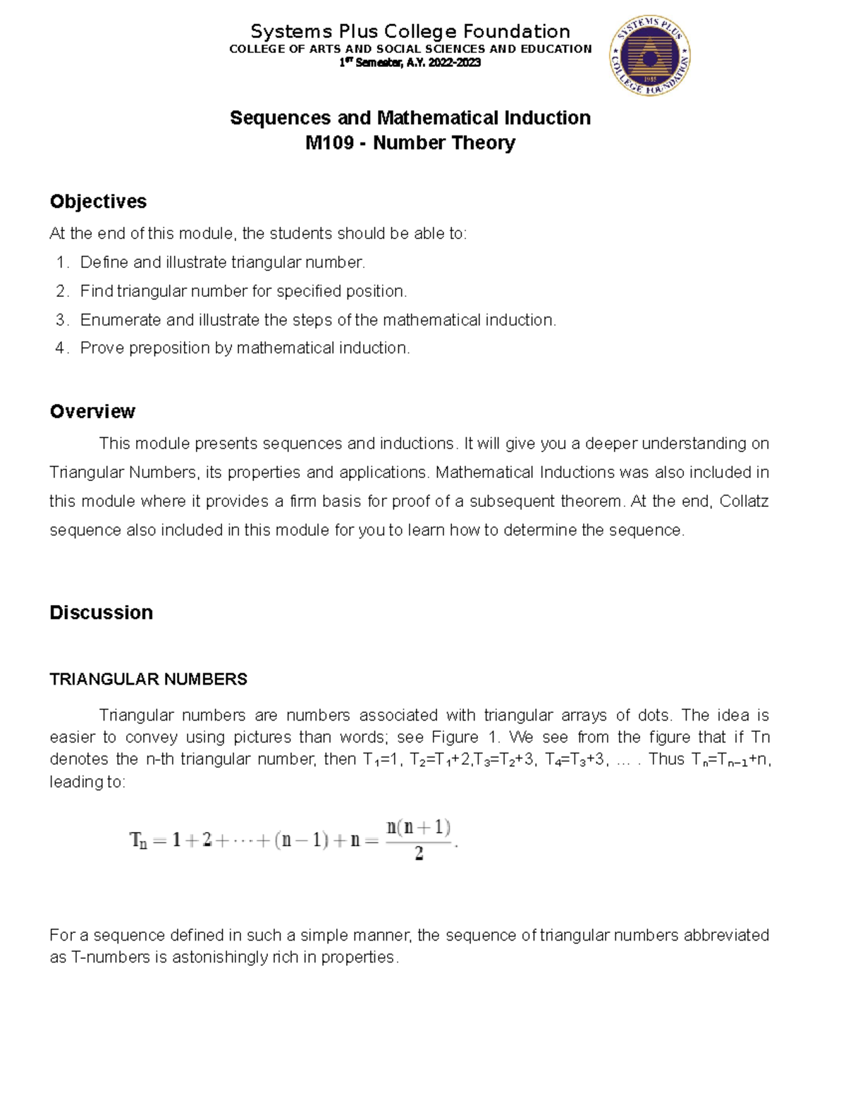 Sequences and Mathematical Induction M109-Number Theory - COLLEGE OF ...