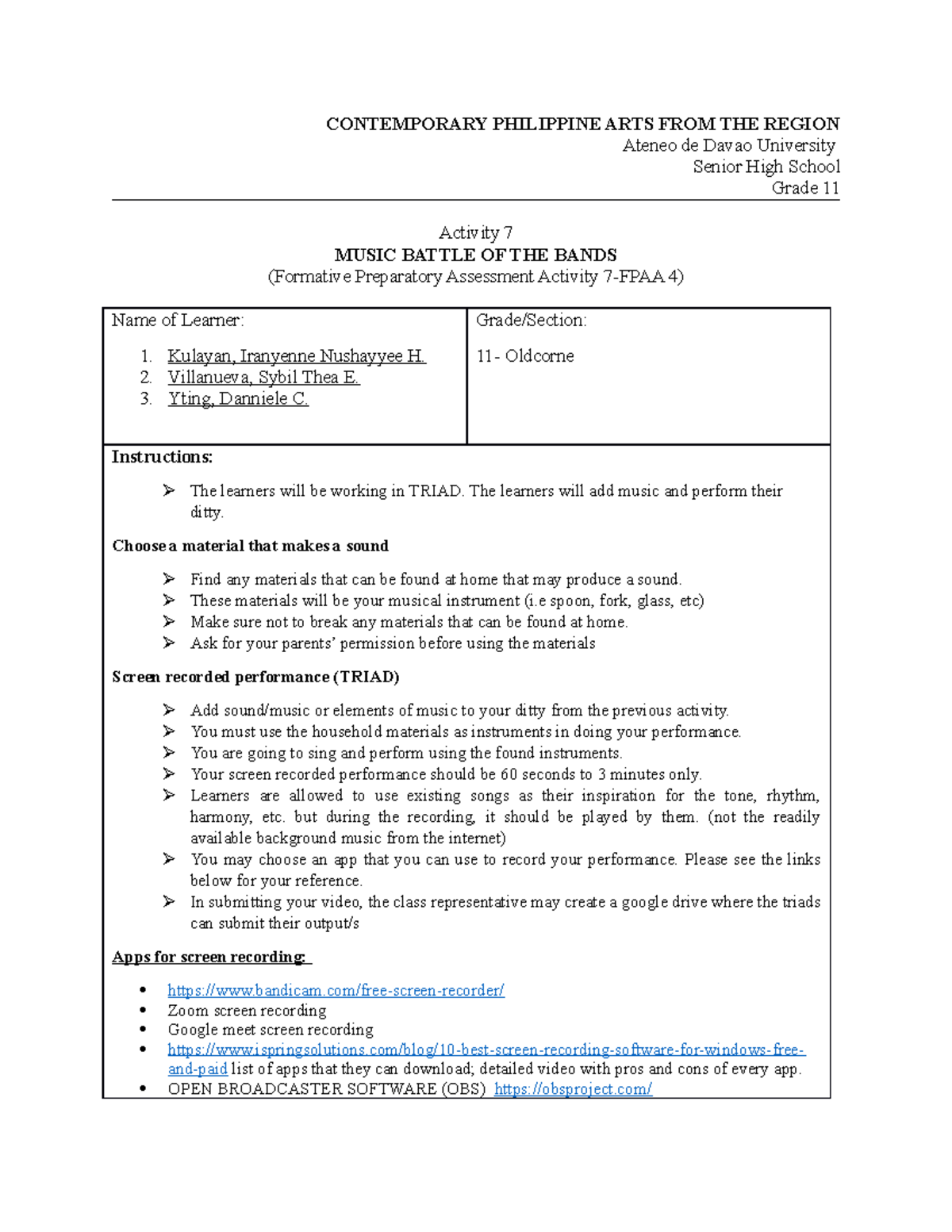 Activity 7 Oldcorne Kulayan, Villanueva, Yting - Oral Communication ...