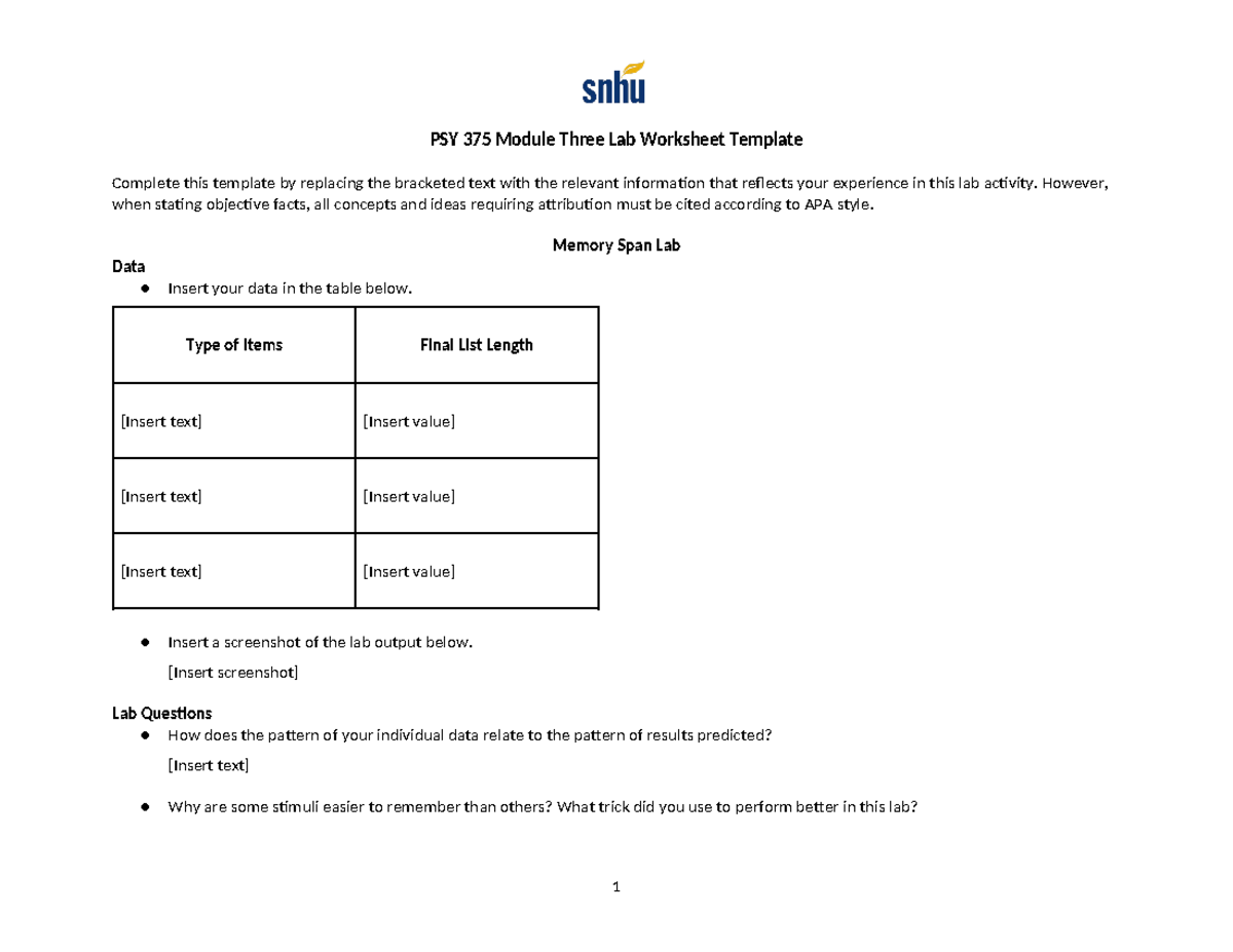 PSY 375 Module Three Lab Worksheet Template - PSY 375 Module Three Lab ...