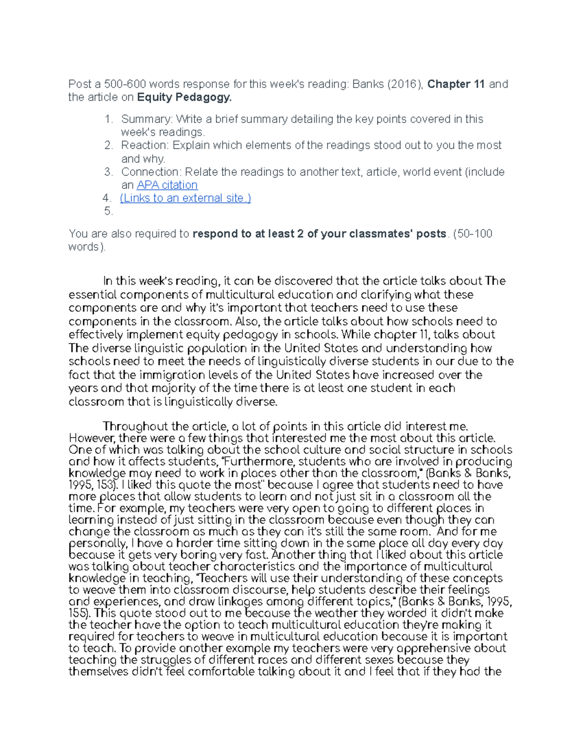 Ch 11 discussion - Post a 500-600 words response for this week's ...