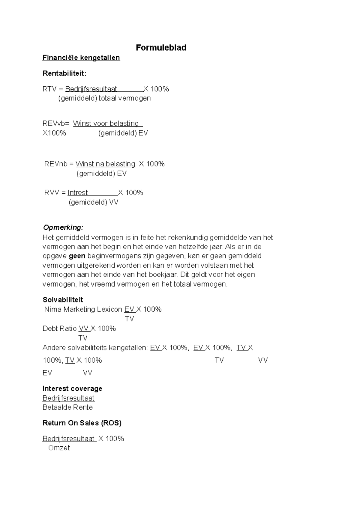 Formule Blad Ondernemingsanalyse - Formuleblad Financiële kengetallen ...