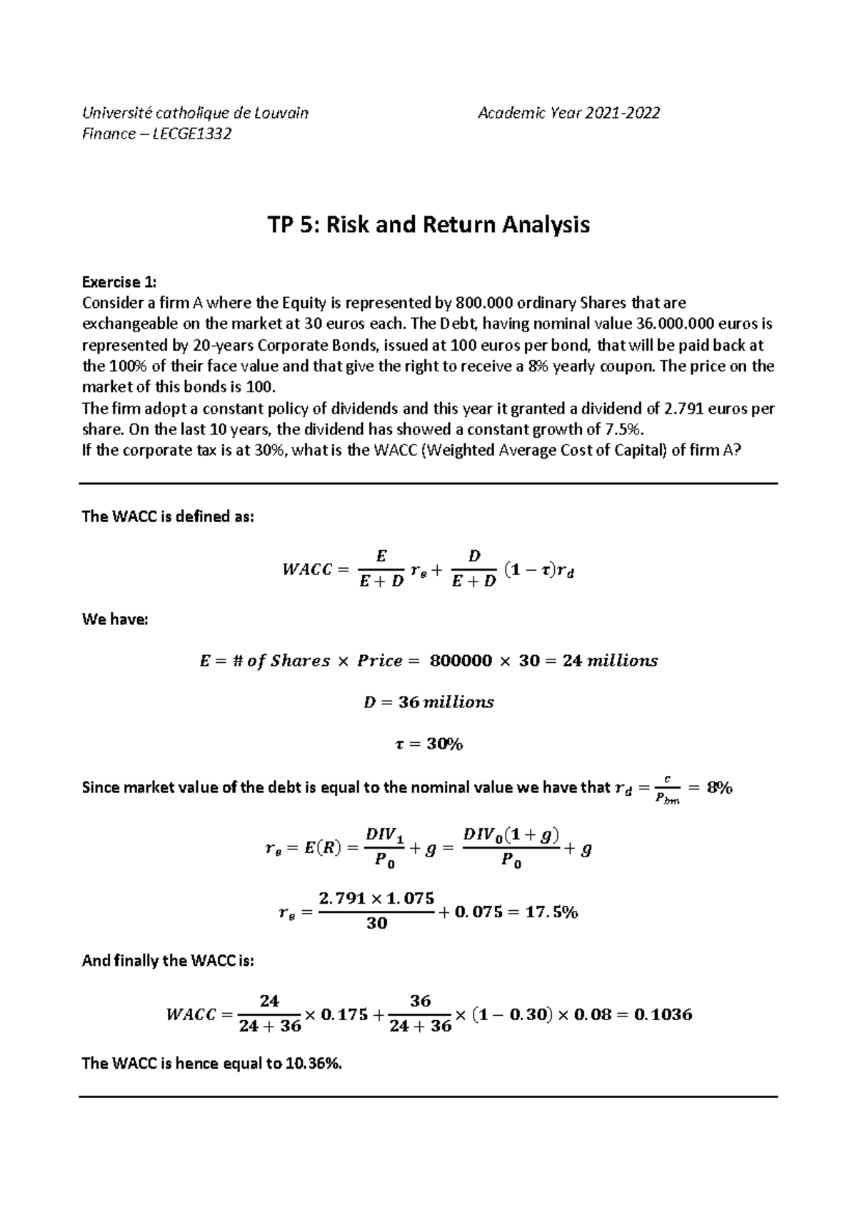 Solutions TP5 Finance - Université catholique de Louvain Academic Year 20 21 - Finance – LECGE ...
