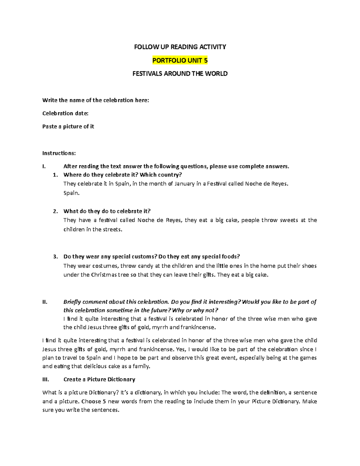 Celebrations Around THE World - Reading Comprehension - FOLLOW UP READING ACTIVITY PORTFOLIO ...