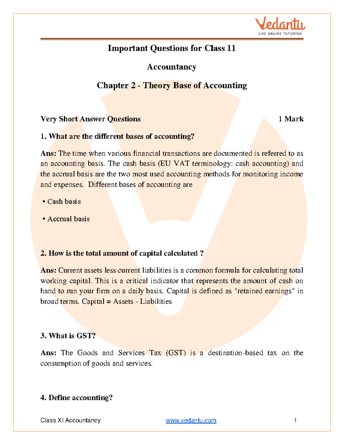 Important Questions for CBSE Class 11 Accountancy Chapter 2 - Theory ...
