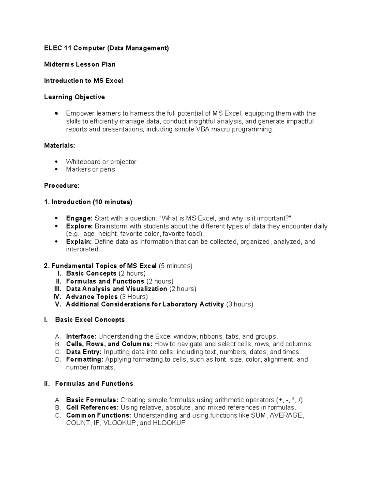 Topics for MS Excel - ELEC 11 Computer (Data Management) Midterms Lesson Plan Introduction to MS ...