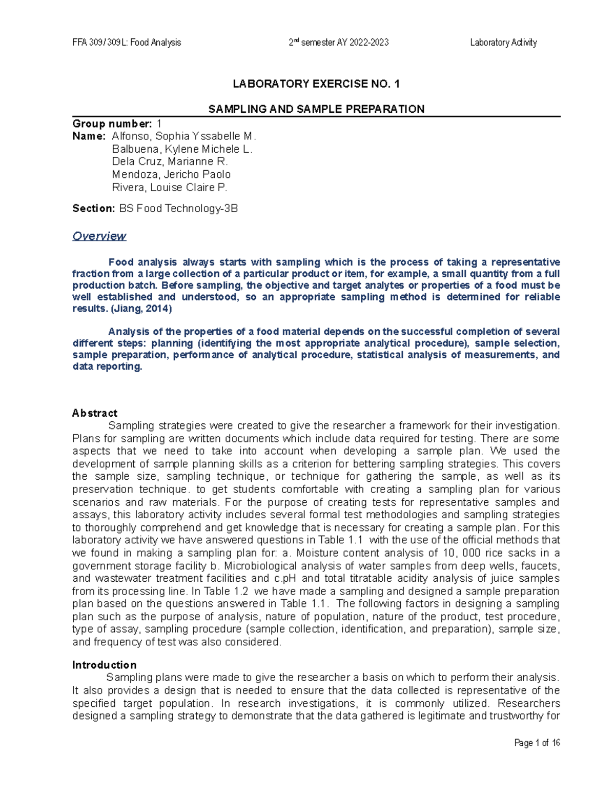 Group 1 Laboratory 1 Sampling and Sample Preparation 1 - LABORATORY EXERCISE NO. 1 SAMPLING AND ...
