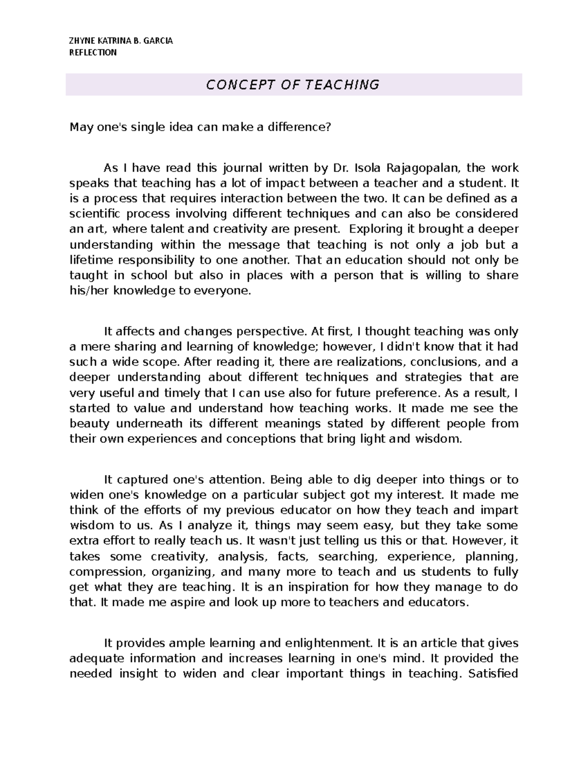 Concept OF Teaching - ZHYNE KATRINA B. GARCIA REFLECTION CONCEPT OF ...