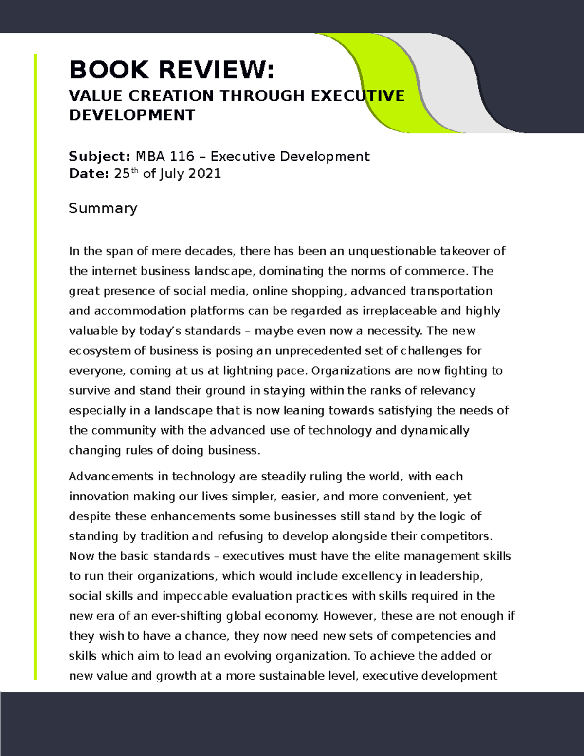 MBA 116 Book Review - BOOK REVIEW: VALUE CREATION THROUGH EXECUTIVE ...