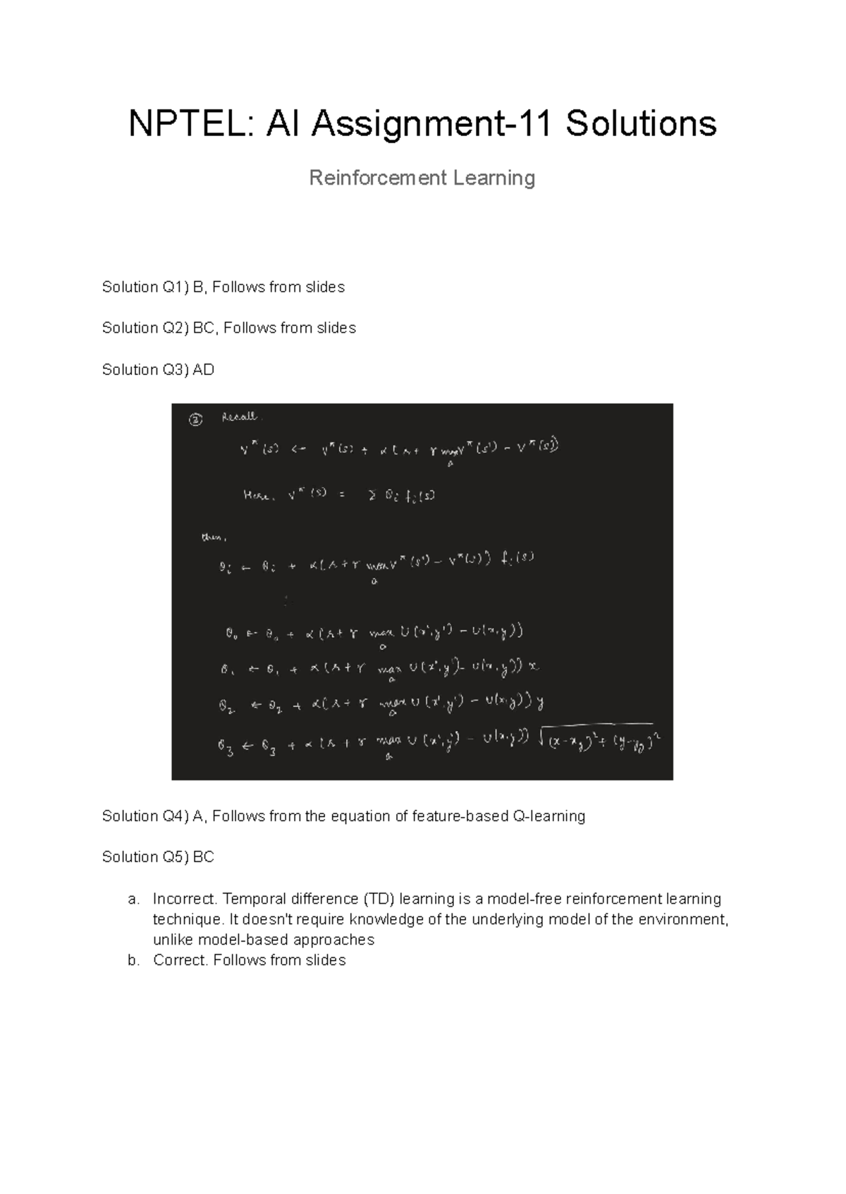 A11 Solutions - NPTEL: AI Assignment-11 Solutions Reinforcement ...