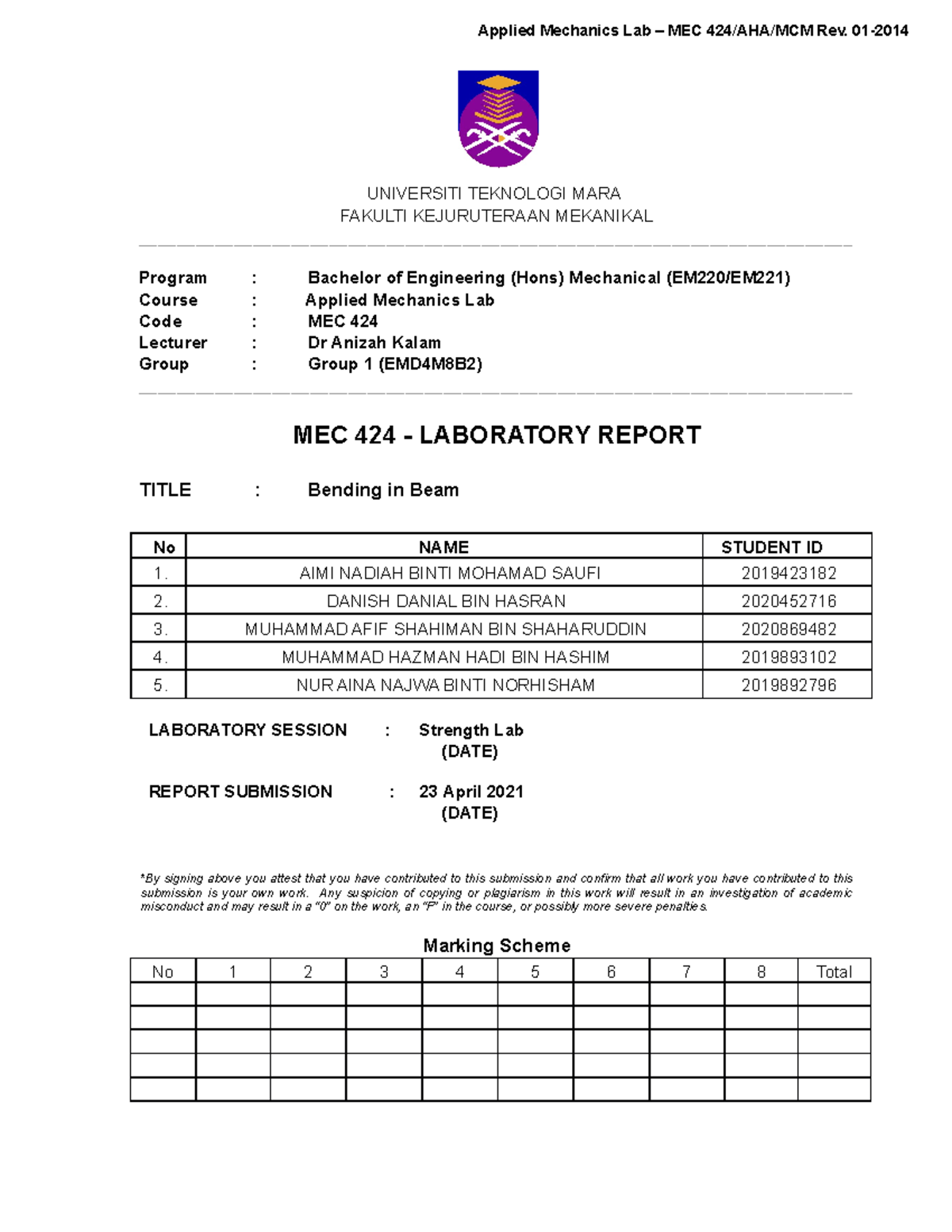 LAB Report 1 ( Bending IN BEAM) - Applied Mechanics Lab – MEC 424/AHA ...