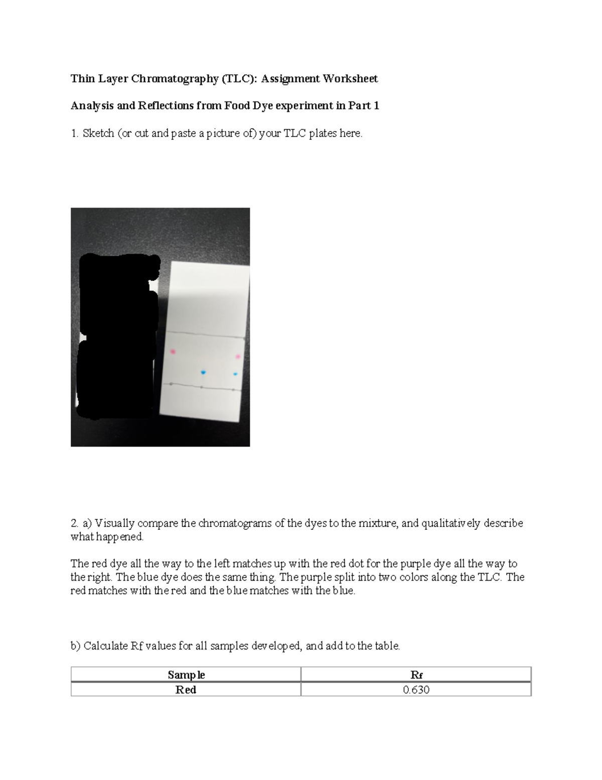 HA TLC worksheet - Thin Layer Chromatography (TLC): Assignment Worksheet Analysis and ...