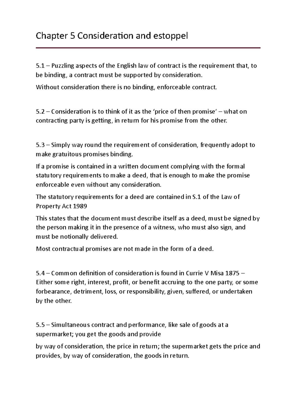 Consideration + Estoppel C - 5 - Chapter 5 Consideration and estoppel 5 ...