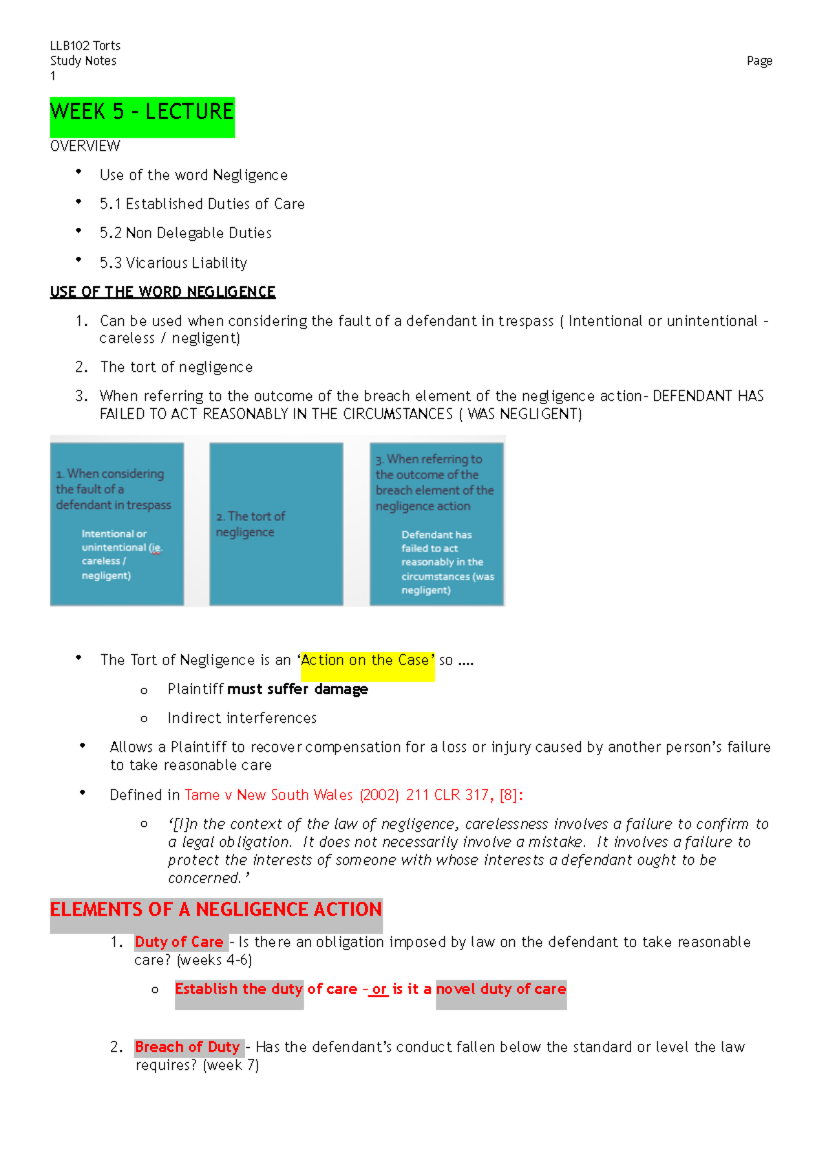 Torts Notes Week 5-6 (comprehensive) - Study Notes Page 1 WEEK 5 ...