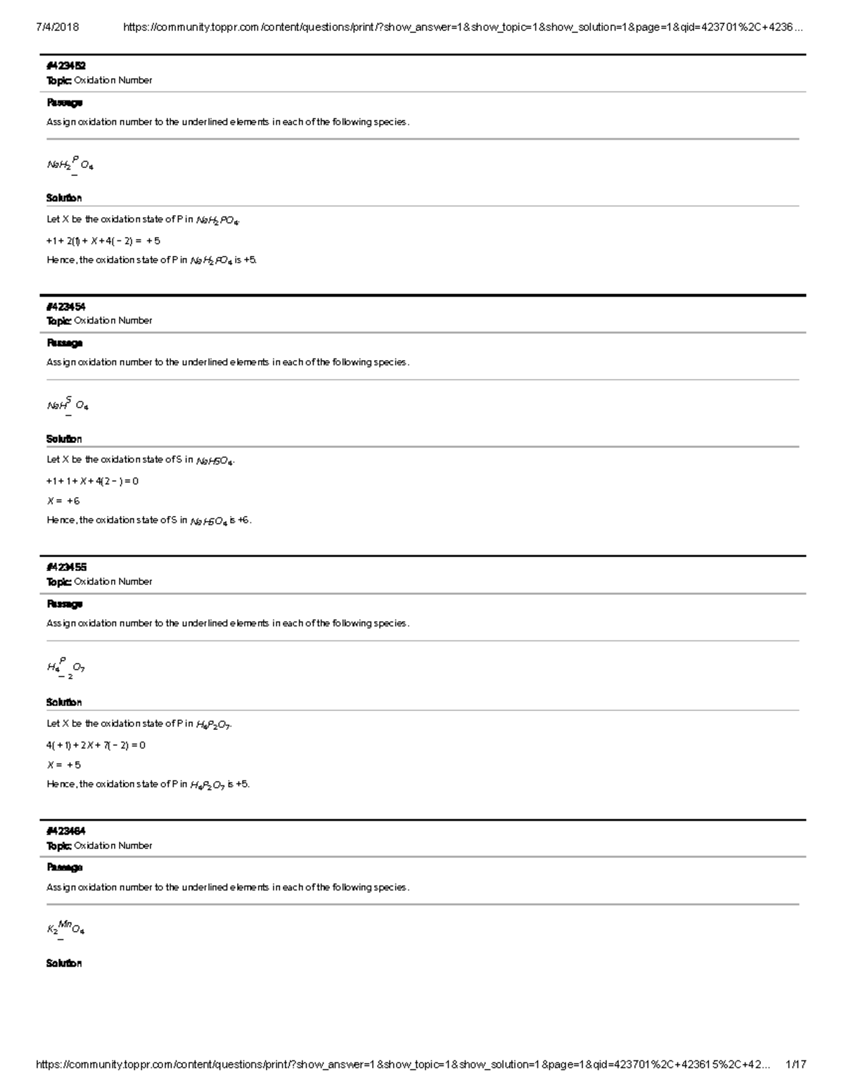 CBSE 11 Engineering Medical Chemistry Redox Reactions - Topic: Oxidation Number Passage Assign ...