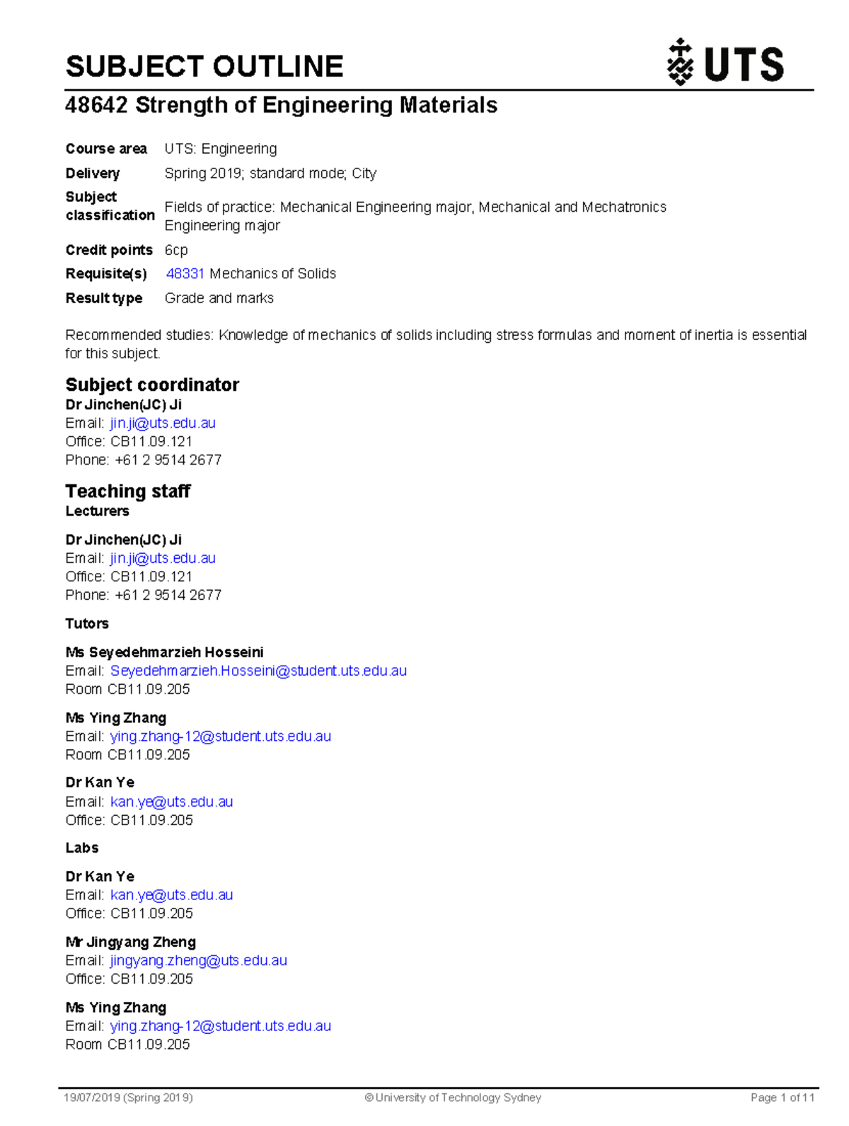 Subject Outline - SUBJECT OUTLINE 48642 Strength of Engineering ...