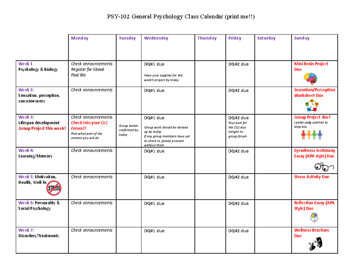 Calendar For PSY 102 Class - PSY-102 General Psychology Class Calendar ...