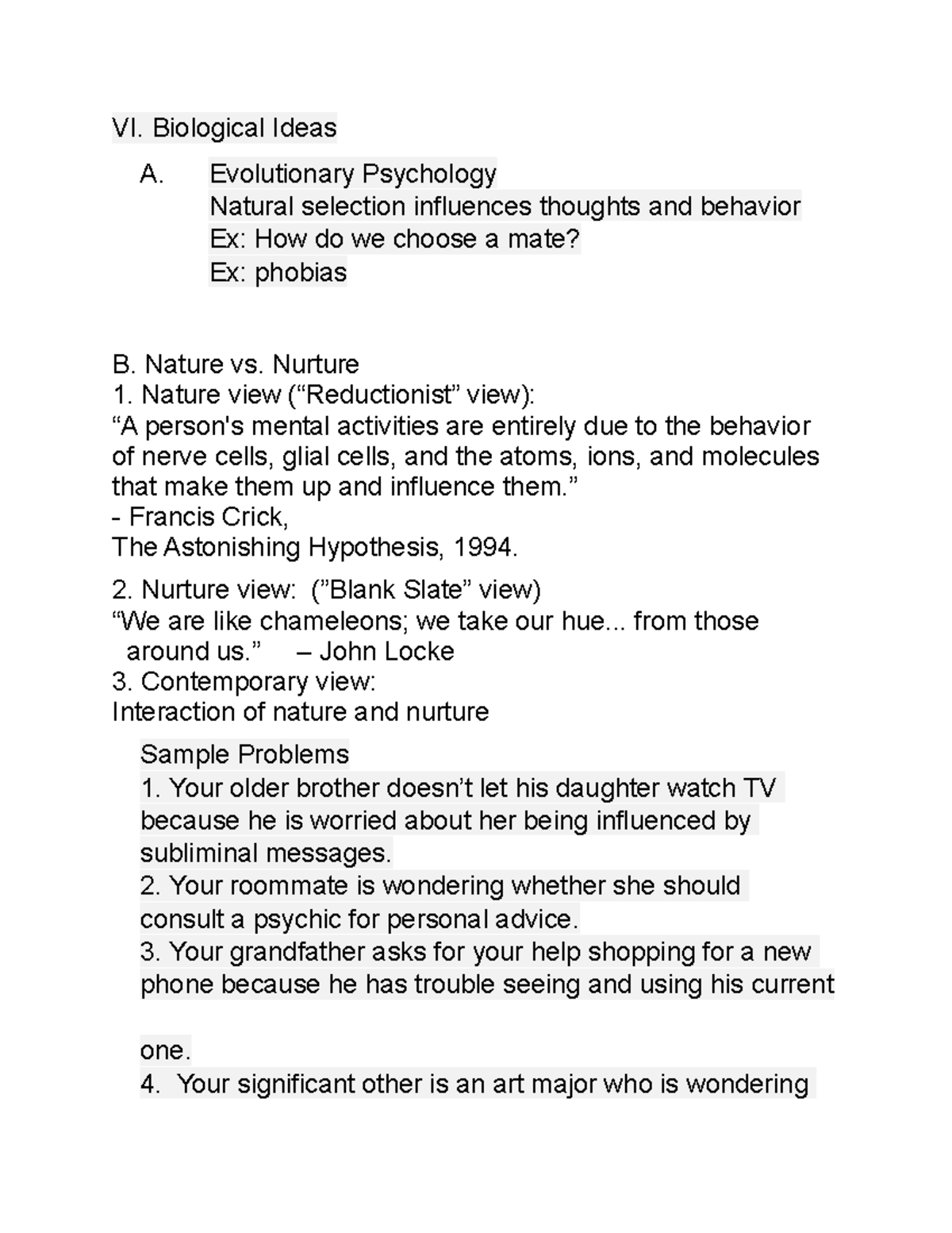 Psych 10 - Practice materials with notes - VI. Biological Ideas A ...