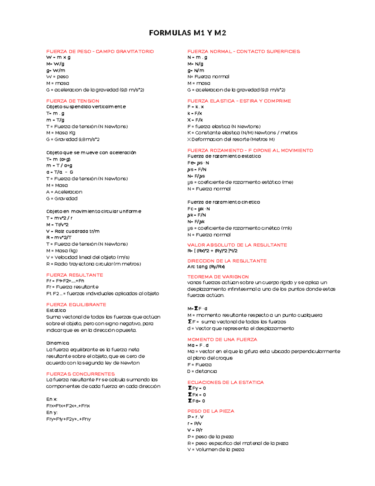 Formulas M1 Y M2 Fisica - FORMULAS M1 Y M FUERZA DE PESO - CAMPO GRAVITATORIO W = m x g M= W/g g ...