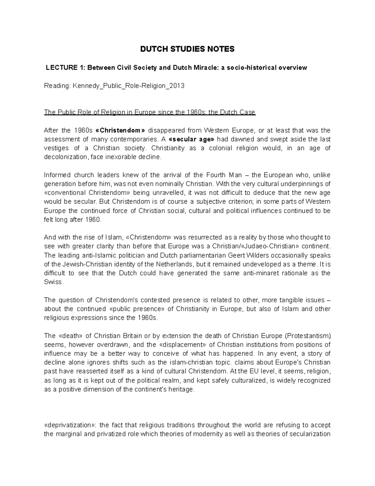 Dutch Studies lecture series semester I, Notes - DUTCH STUDIES NOTES ...