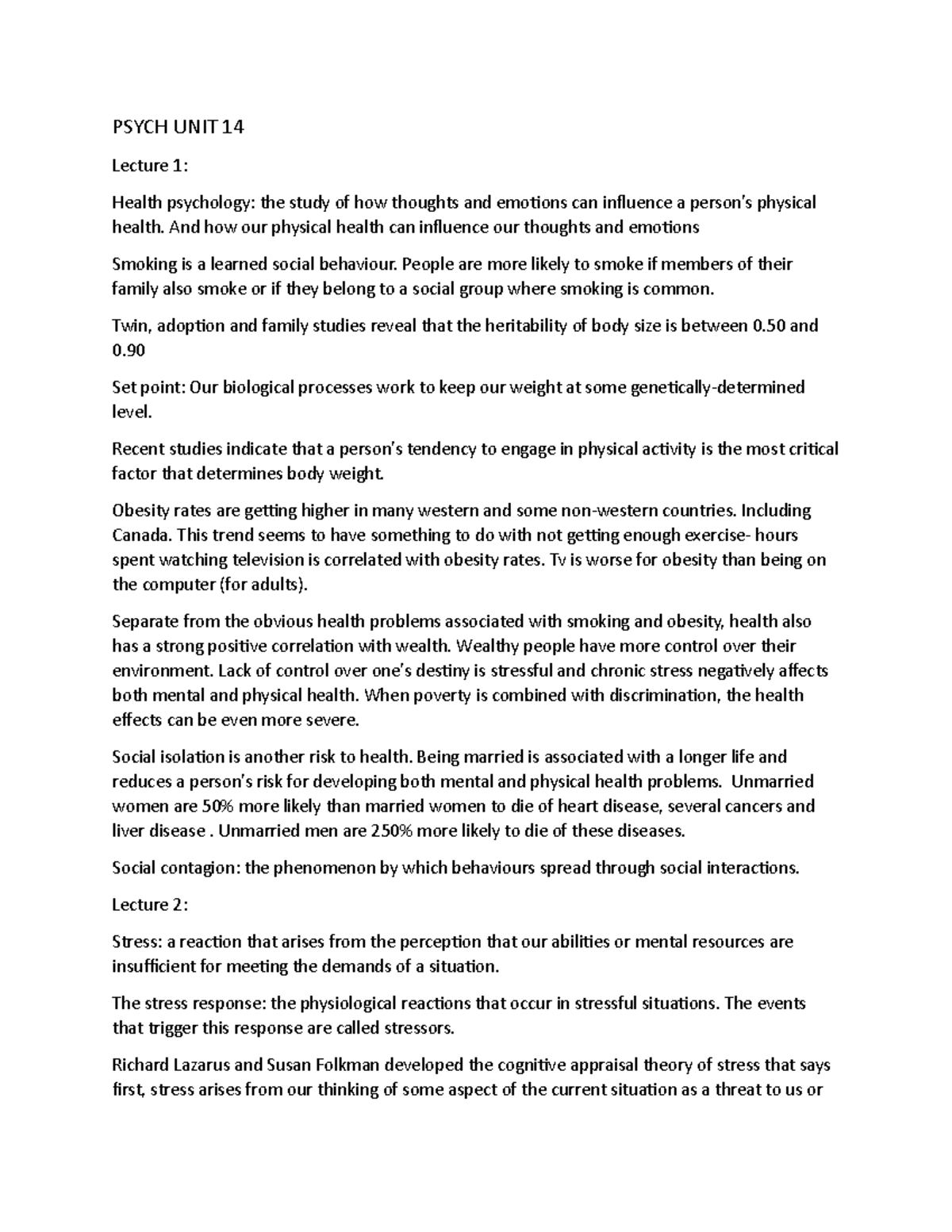 Psych 14-16 - notes 14-16 - PSYCH UNIT 14 Lecture 1: Health psychology ...