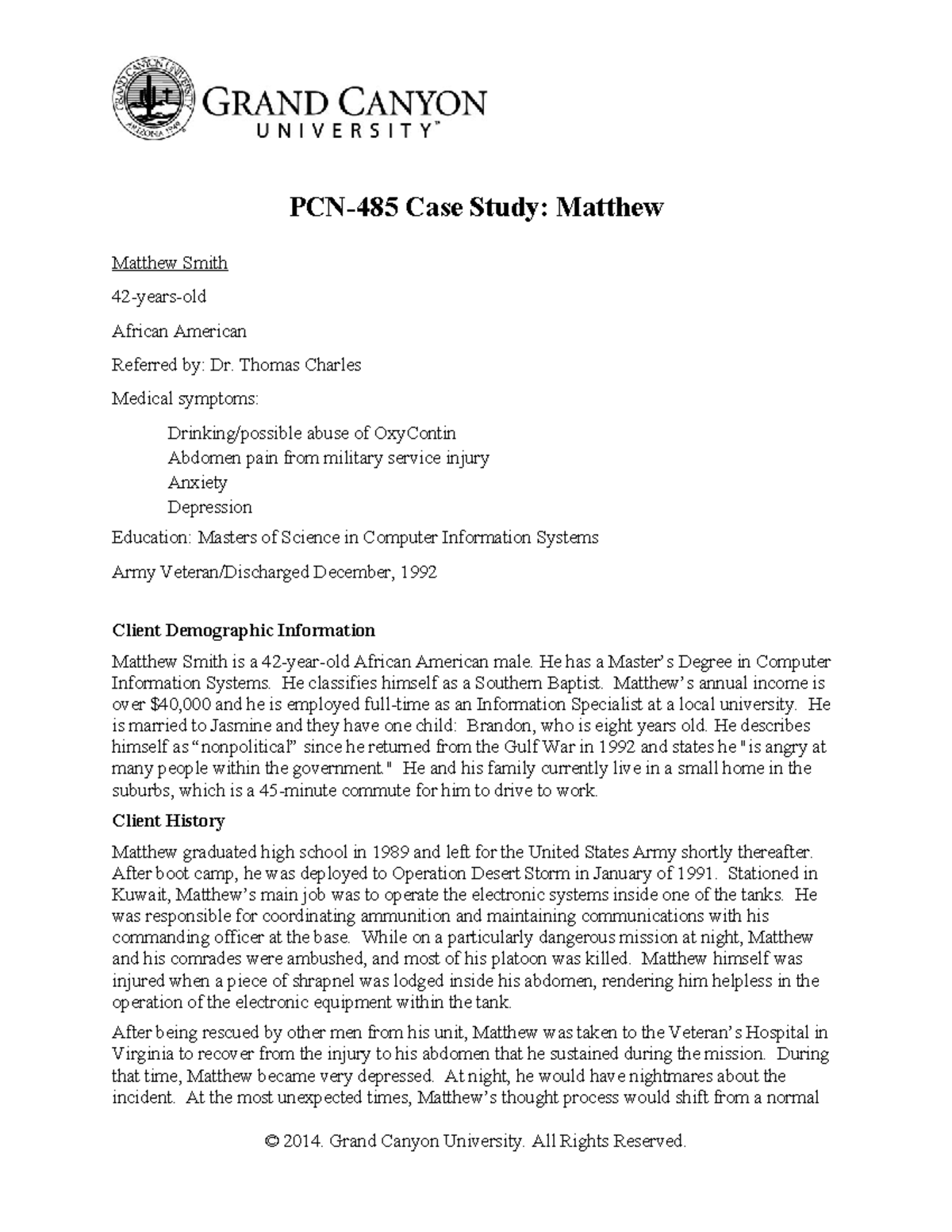 PCN 485 RS Case Study Matthew - PCN-485 Case Study: Matthew Matthew Smith 42-years-old African ...