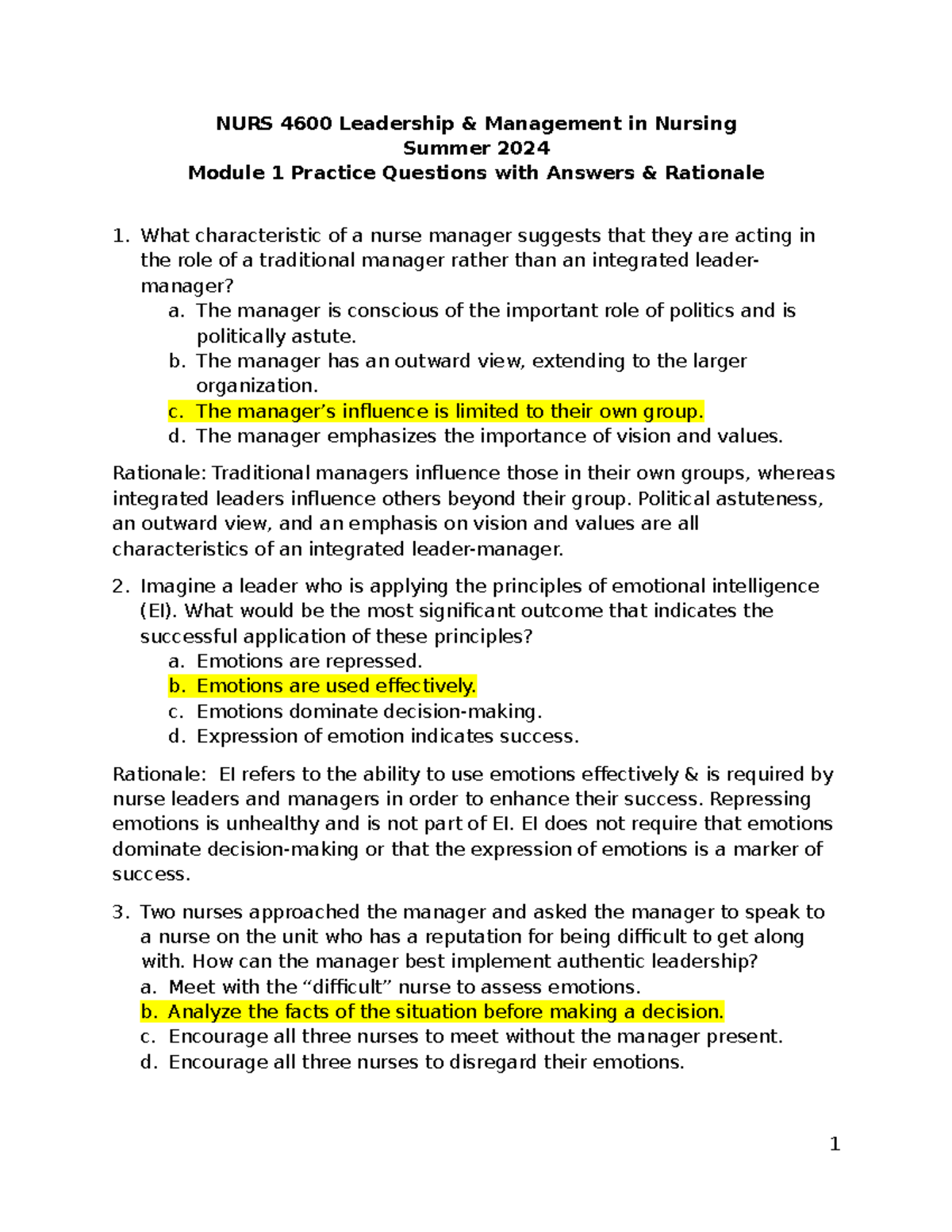 Module 1 Practice Questions with Answers & Rationales - NURS 4600 ...