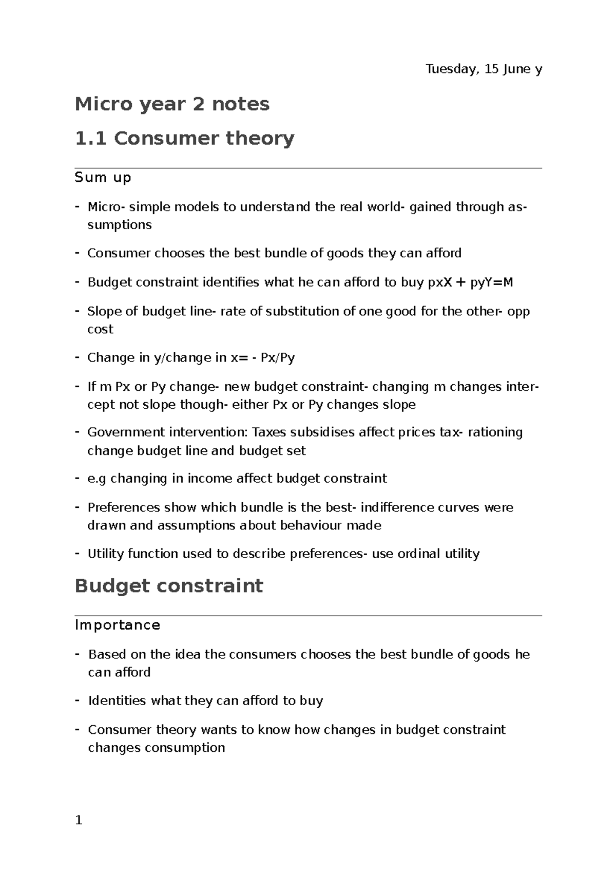 Micro economics docx compulsory module - Micro year 2 notes 1 Consumer ...