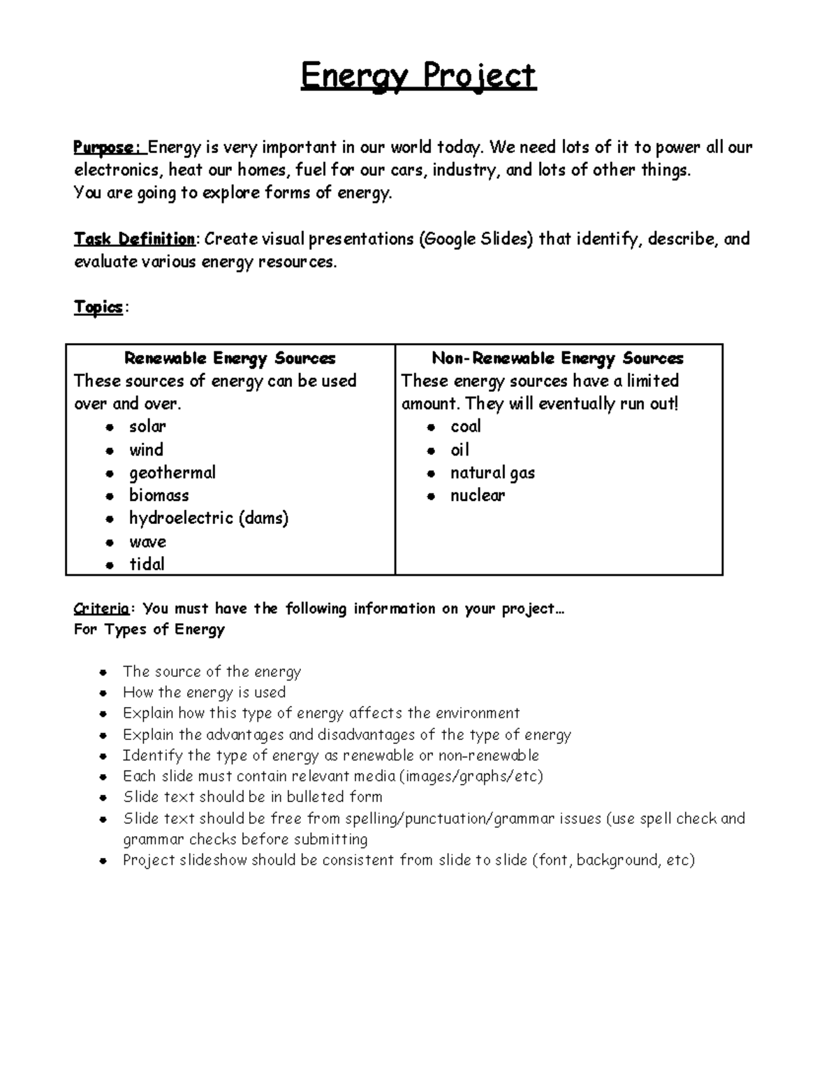 Physics: Energy Project - Energy Project Purpose: Energy is very ...