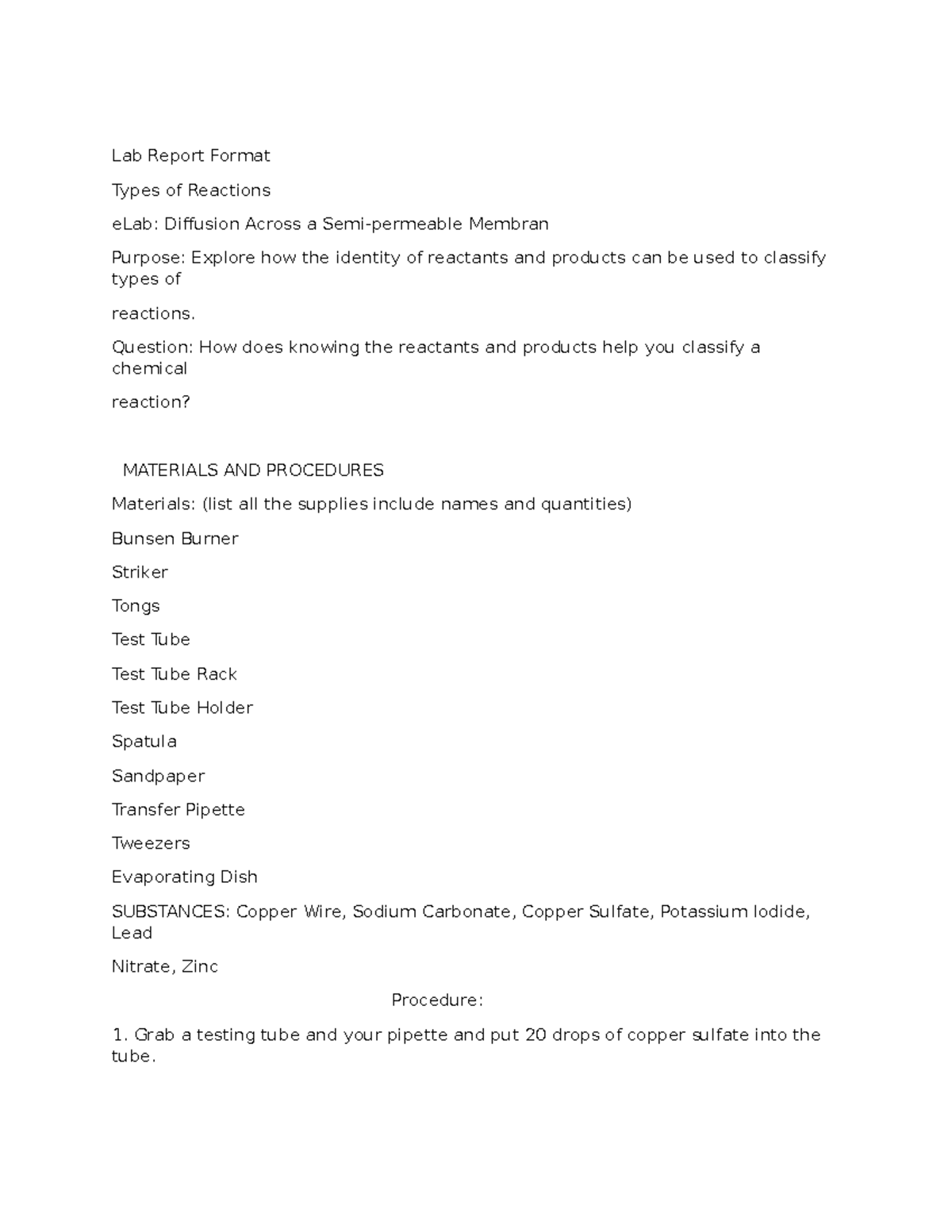 Types of reactions - DJYRDJYRSKTYS - Lab Report Format Types of ...